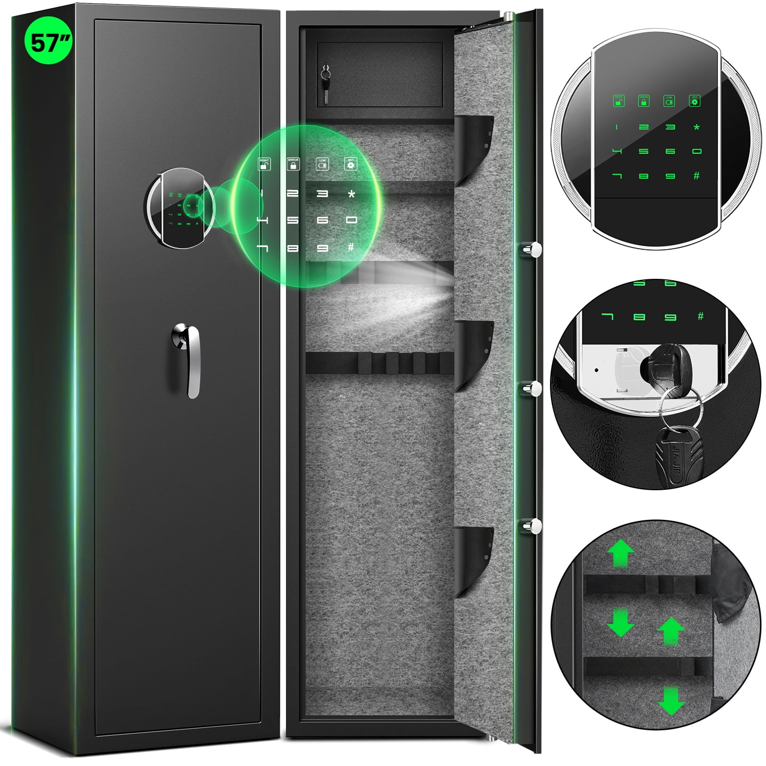 Kavey 5-6 Long Gun Safe  Quick Access Digital Gun Safe  Gun Storage Cabinet For Shotguns With Inner Cabinet  Shotgun Safe With Backlit Keypad  Mute Fu