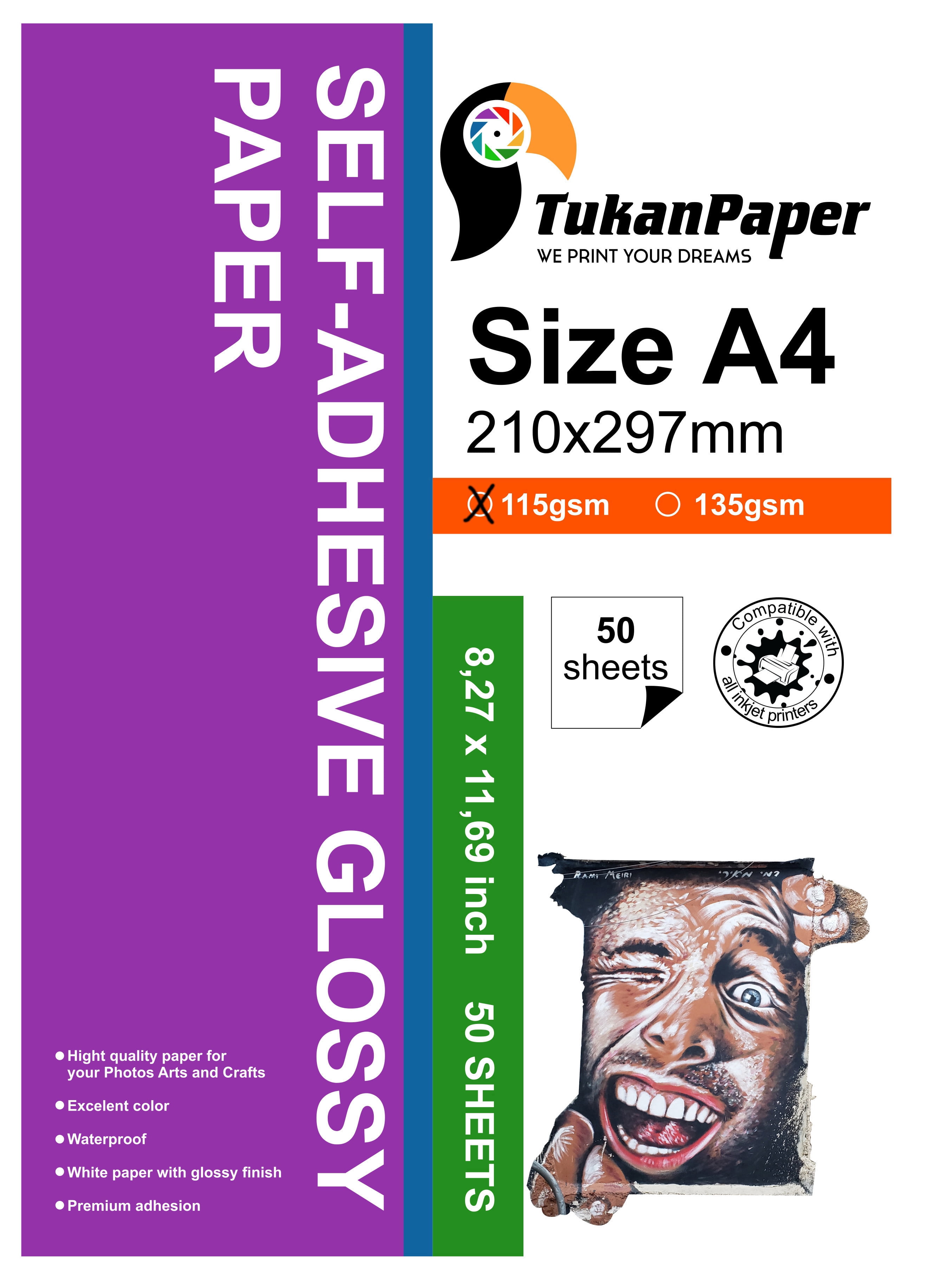 Photo Paper Sticker A4 Size 50 Sheets Count 115 gr 8,3" x 11,7" ( 210 x ...