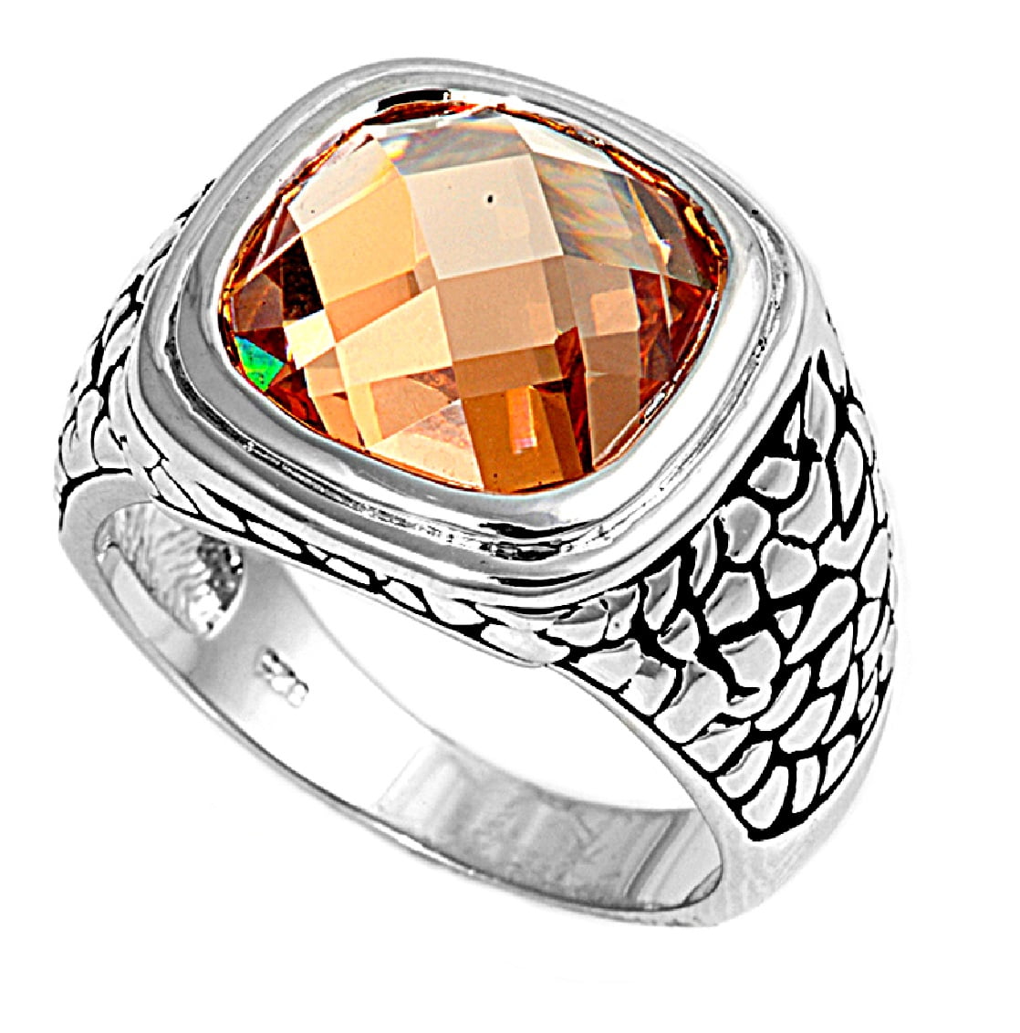 Spotted Sides Square Champagne Cubic Zirconia Ring Sterling Silver 925 ...