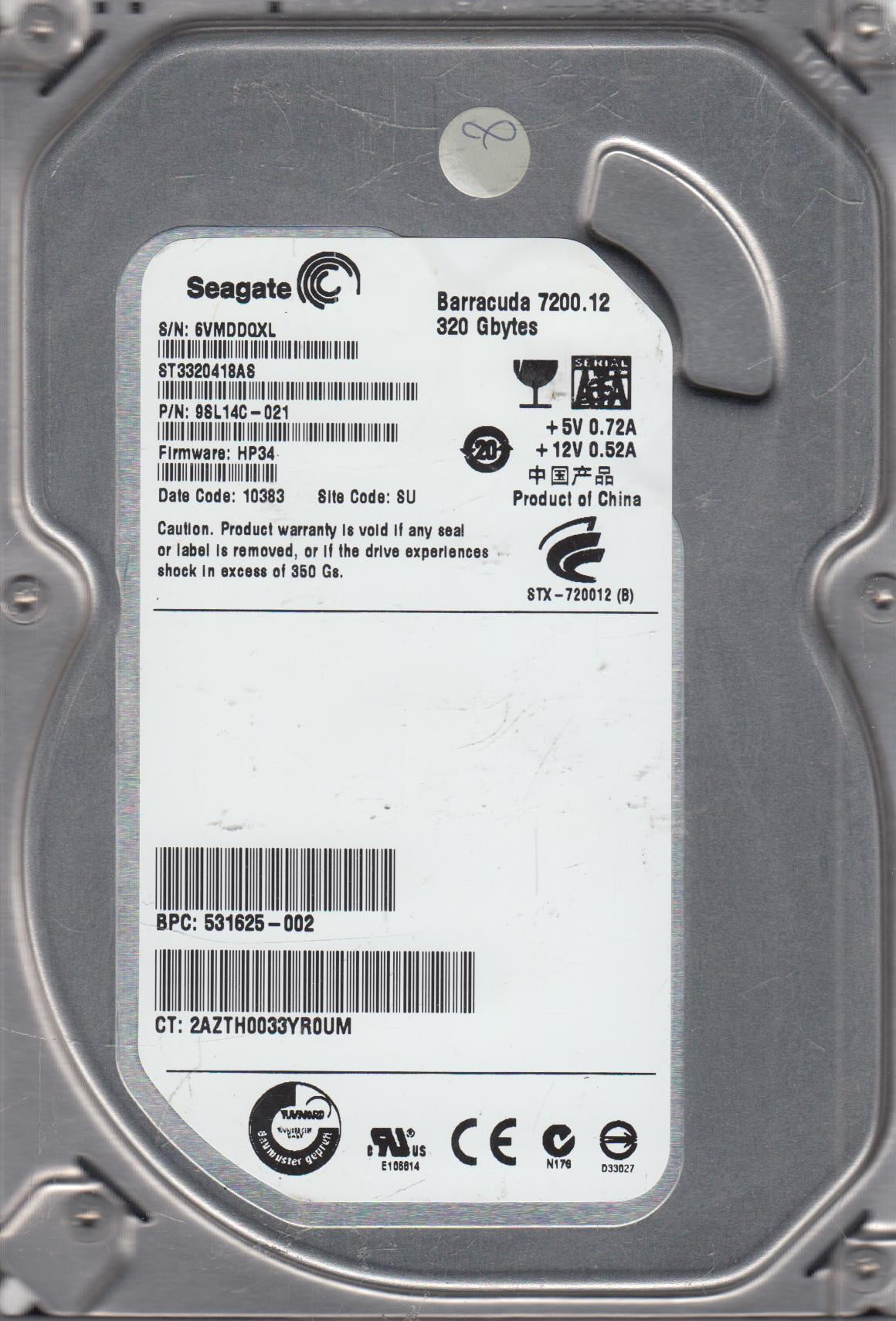 ST3320418AS, 6VM, SU, PN 9SL14C-021, FW HP34, Seagate 320GB SATA 3.5 ...