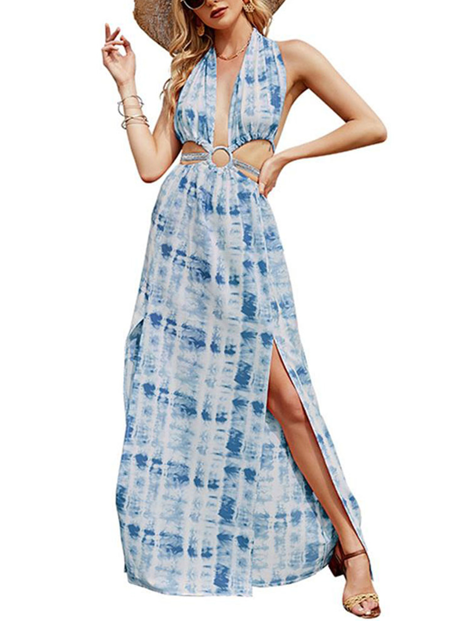 Pfysire Womens Floral Print Sundress Halter Neck High Cut Split Dress ...