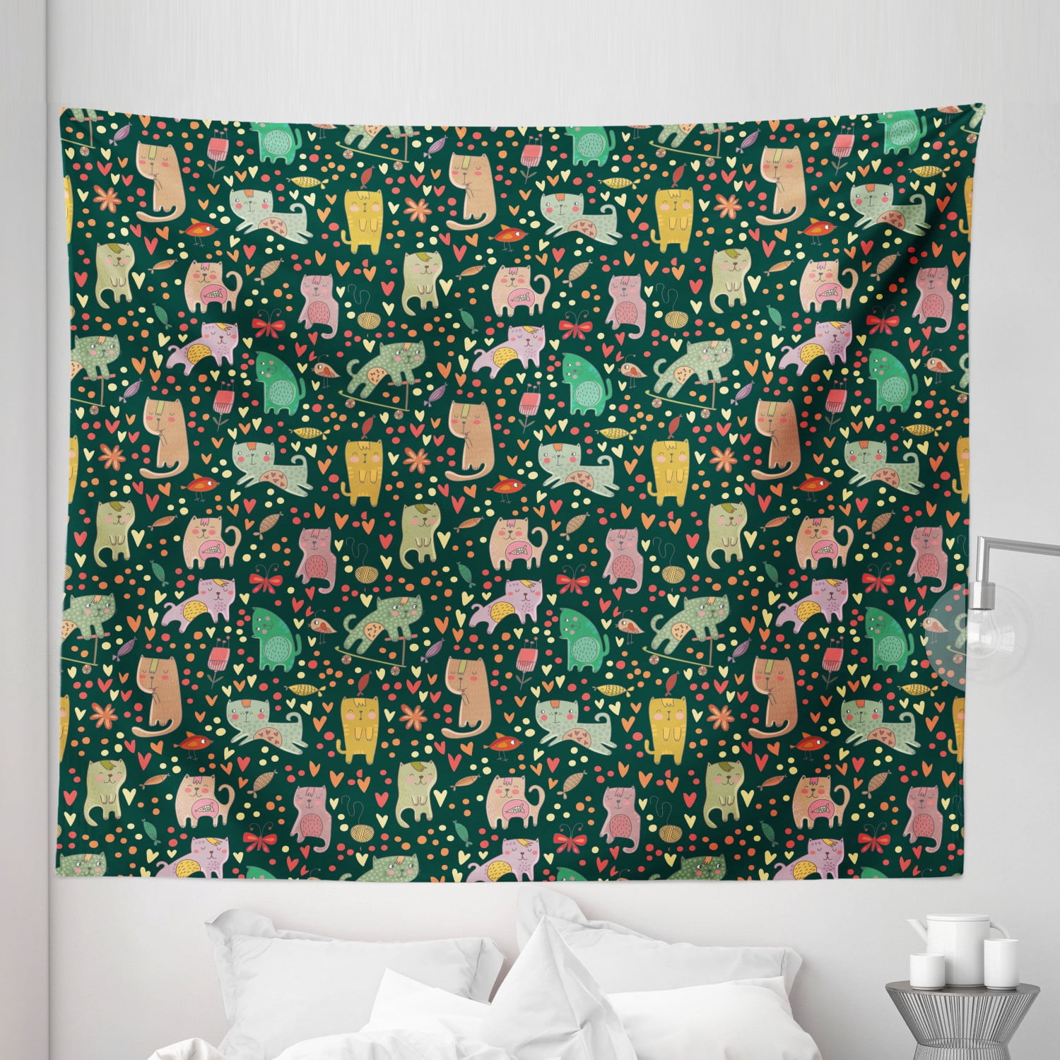 Cat Tapestry, Cartoon Style Feline Pattern on a Hearts Dots and Fish ...