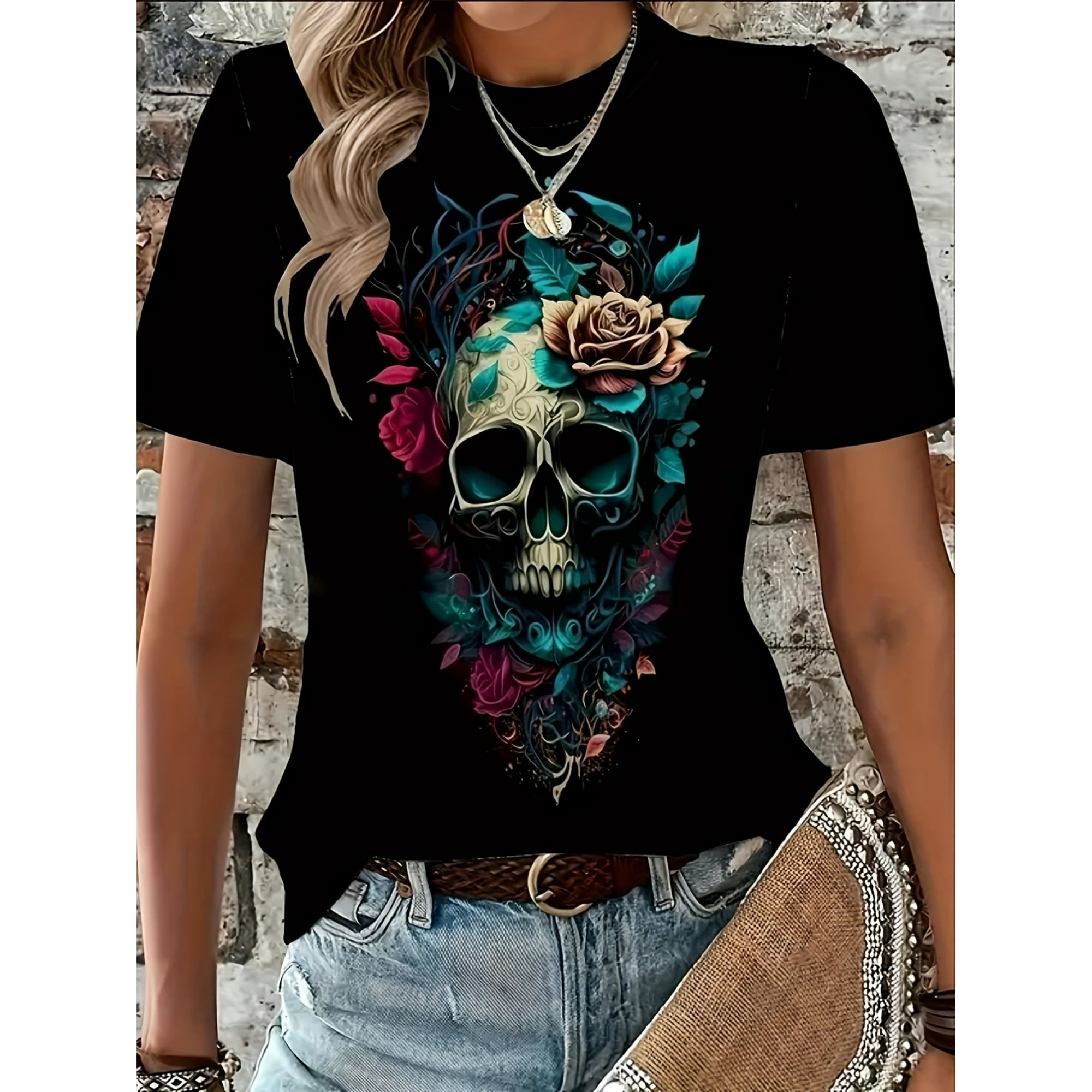 Click here for Generic Womens Floral Skull Graphic T-Shirt - Soft... prices