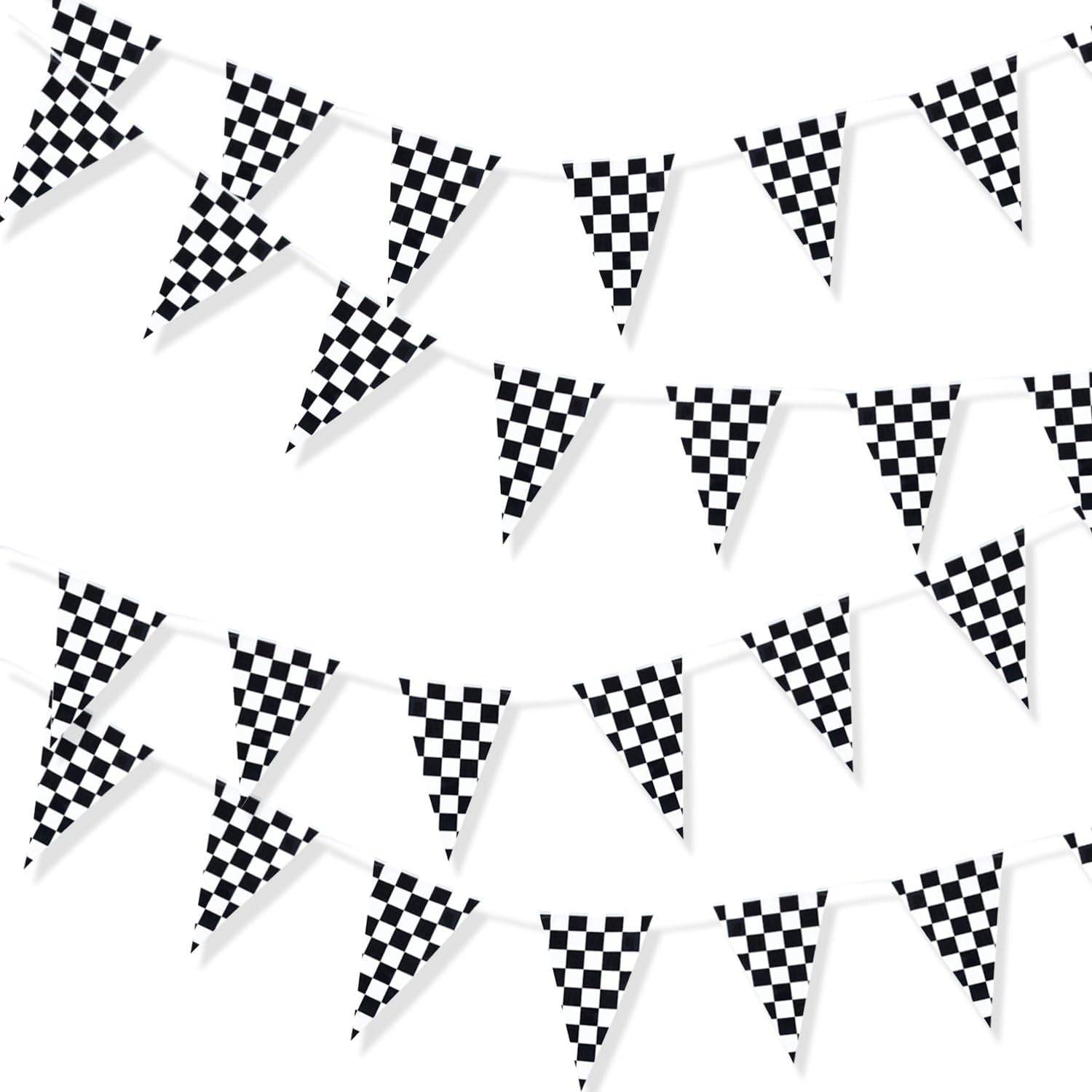 Dutchman Hot Wheels Party Essential  100ft Reusable Checkered Flag Banner  48 Pieces Of Weatherproof Polyplastic Pennants  Bold Triangular Cut For Aut