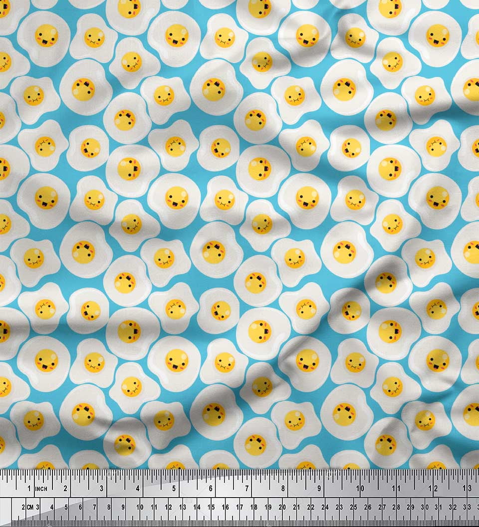Soimoi Blue Japan Crepe Satin Fabric Omelette Food Print Fabric by the ...