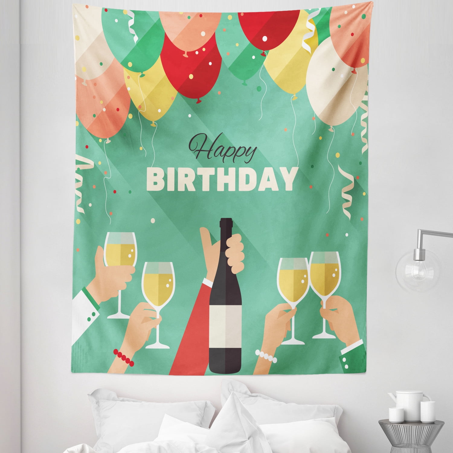 Champagne Tapestry, Happy Birthday Greeting Party with Balloons and ...