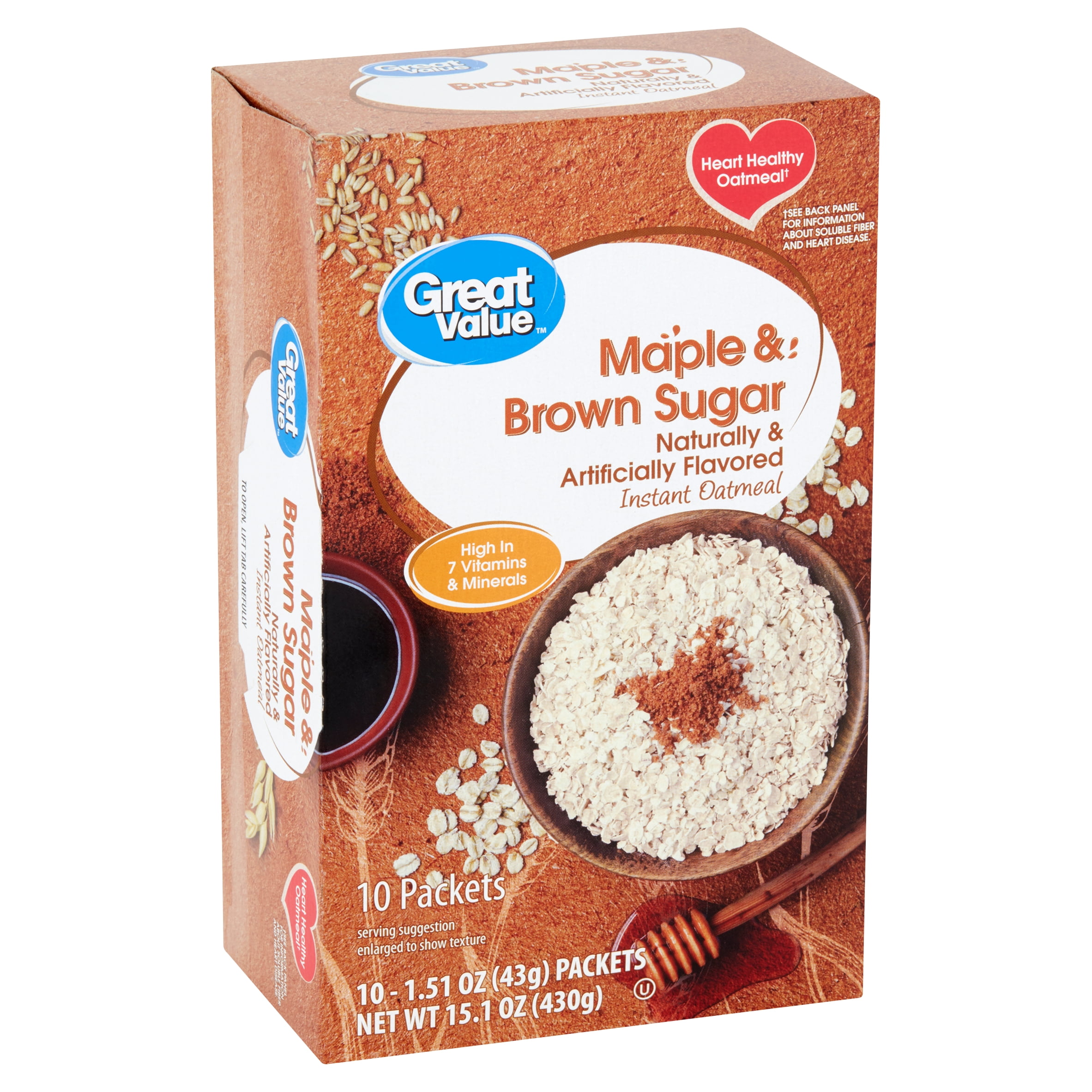 Great Value Maple & Brown Sugar Instant Oatmeal, 1.51 oz, 10 Packets ...