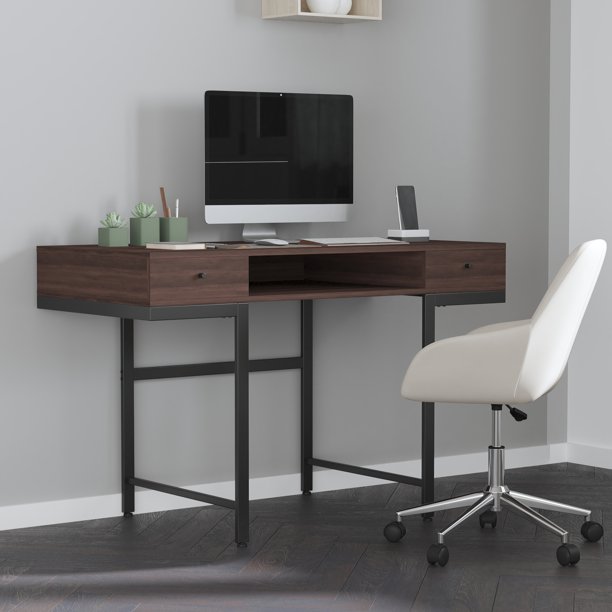 Merrick Lane Dark Ash Wood Grain Computer Desk with Black Metal Offset ...