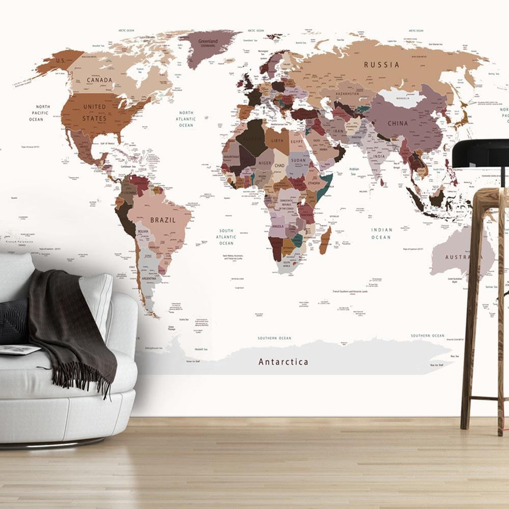 Tiptophomedecor World Map Wallpaper Wall Mural - Map In Shades Of Brown ...
