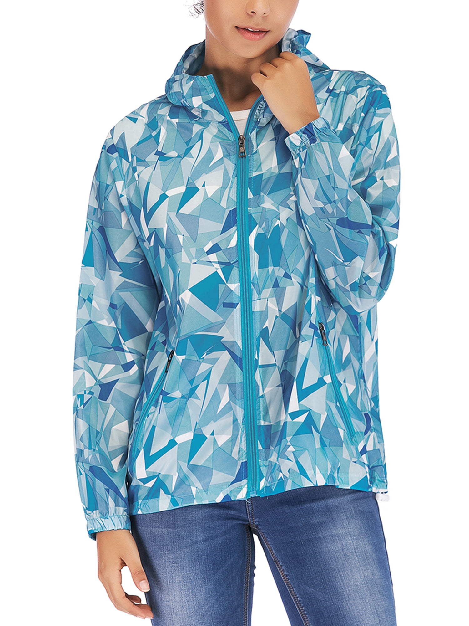 Women's Waterproof Raincoat Packable Hoodie Zip Up Jackets Colorblock ...