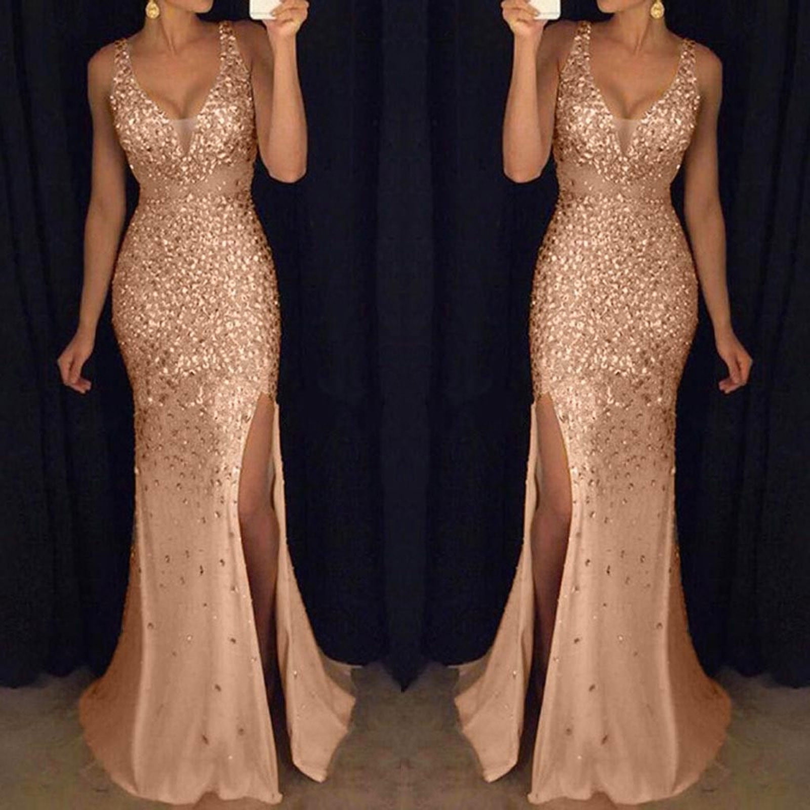 Women Sequin Prom Party Ball Gown Sexy Gold Evening Bridesmaid V Neck