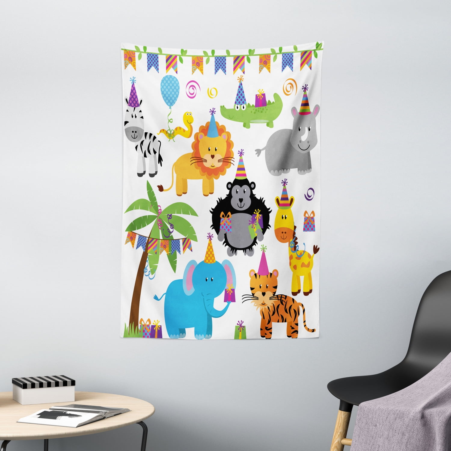 Kids Birthday Tapestry, Jungle Wild Safari Animals in Cartoon Pattern ...