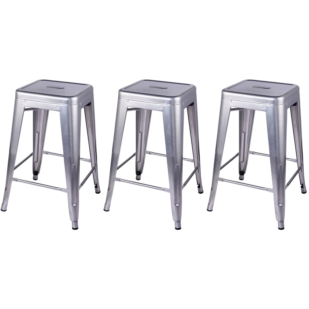 Leejay 24 inch Backless Counter Height Metal Stool Silver,Set of 3 ...