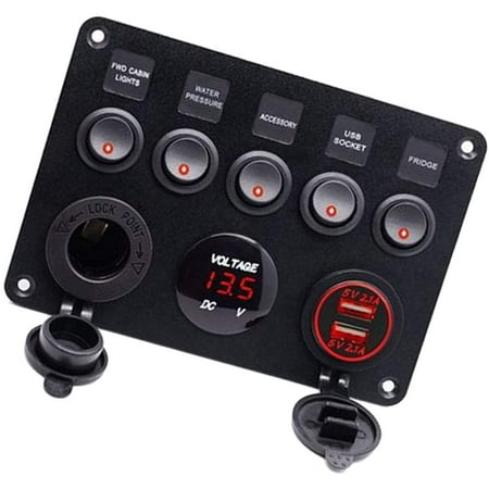 5 Gang Rocker Switch Panel w/Digital Voltmeter+12V Power Socket +Double ...