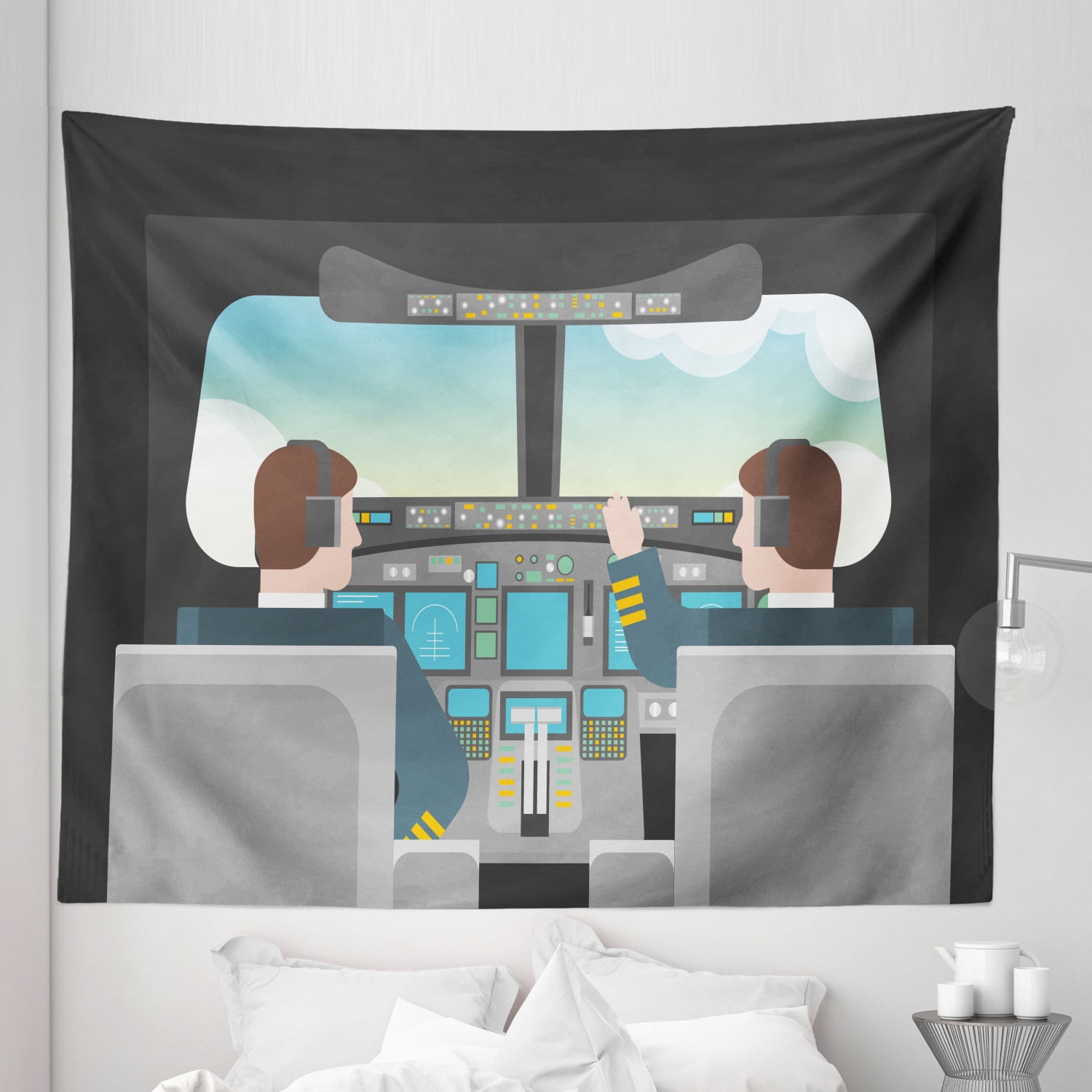 Airplane Cockpit Tapestry, Airline Pilots Controlling and Flying the ...