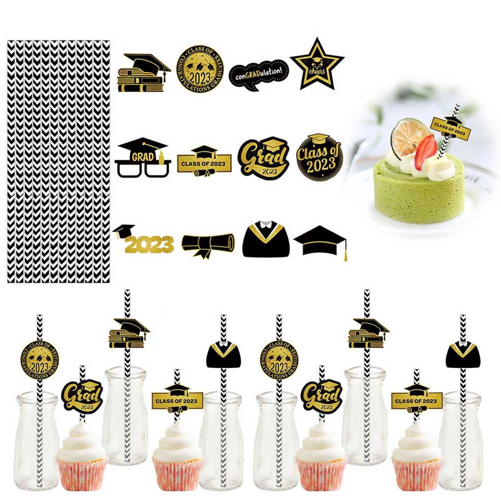 Graduation Ceremony Straws with Bachelor Hat Flag, Striped Design in ...