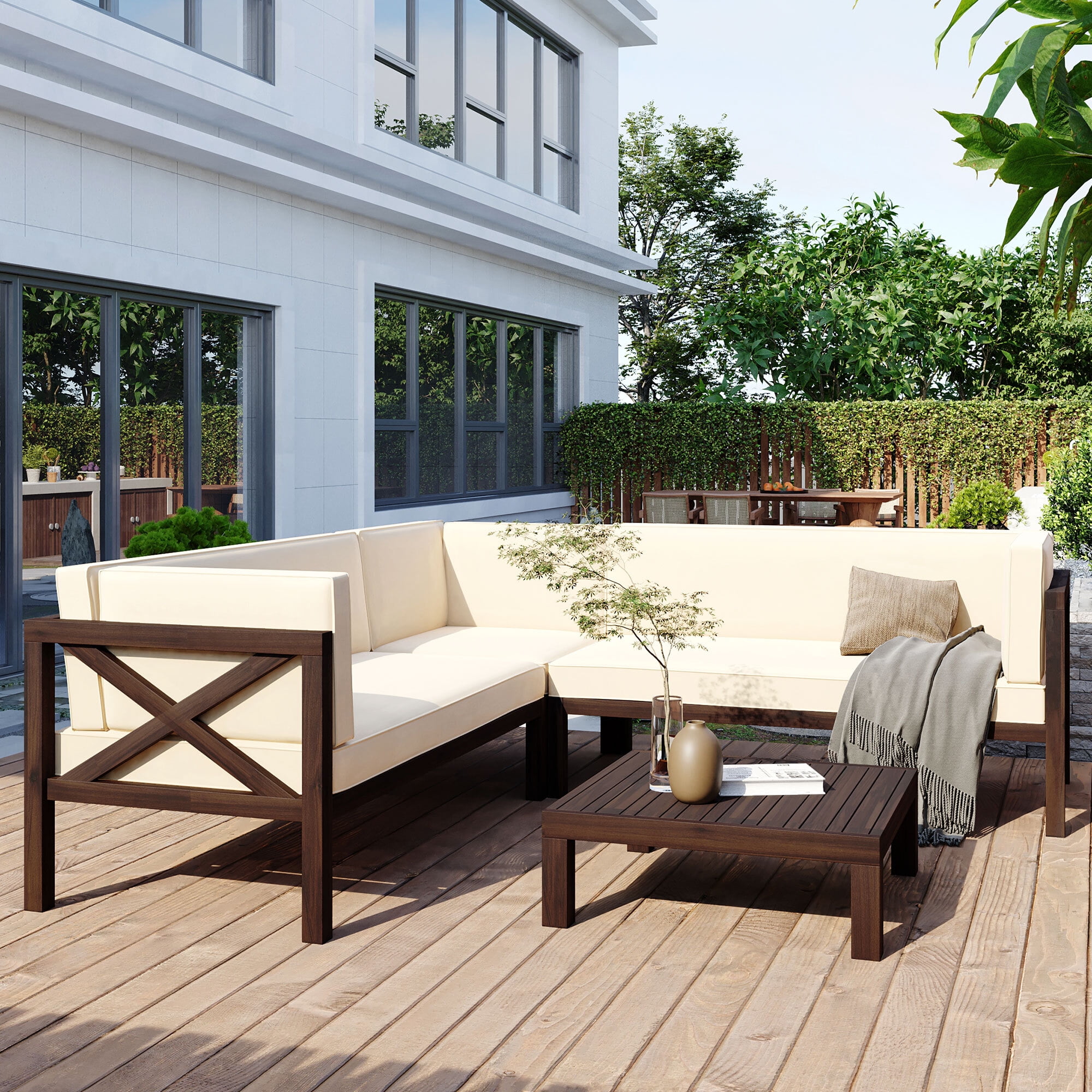 Euroco 4-Piece Sectional Seating Group Outdoor Wood Sofa Set for 5 ...