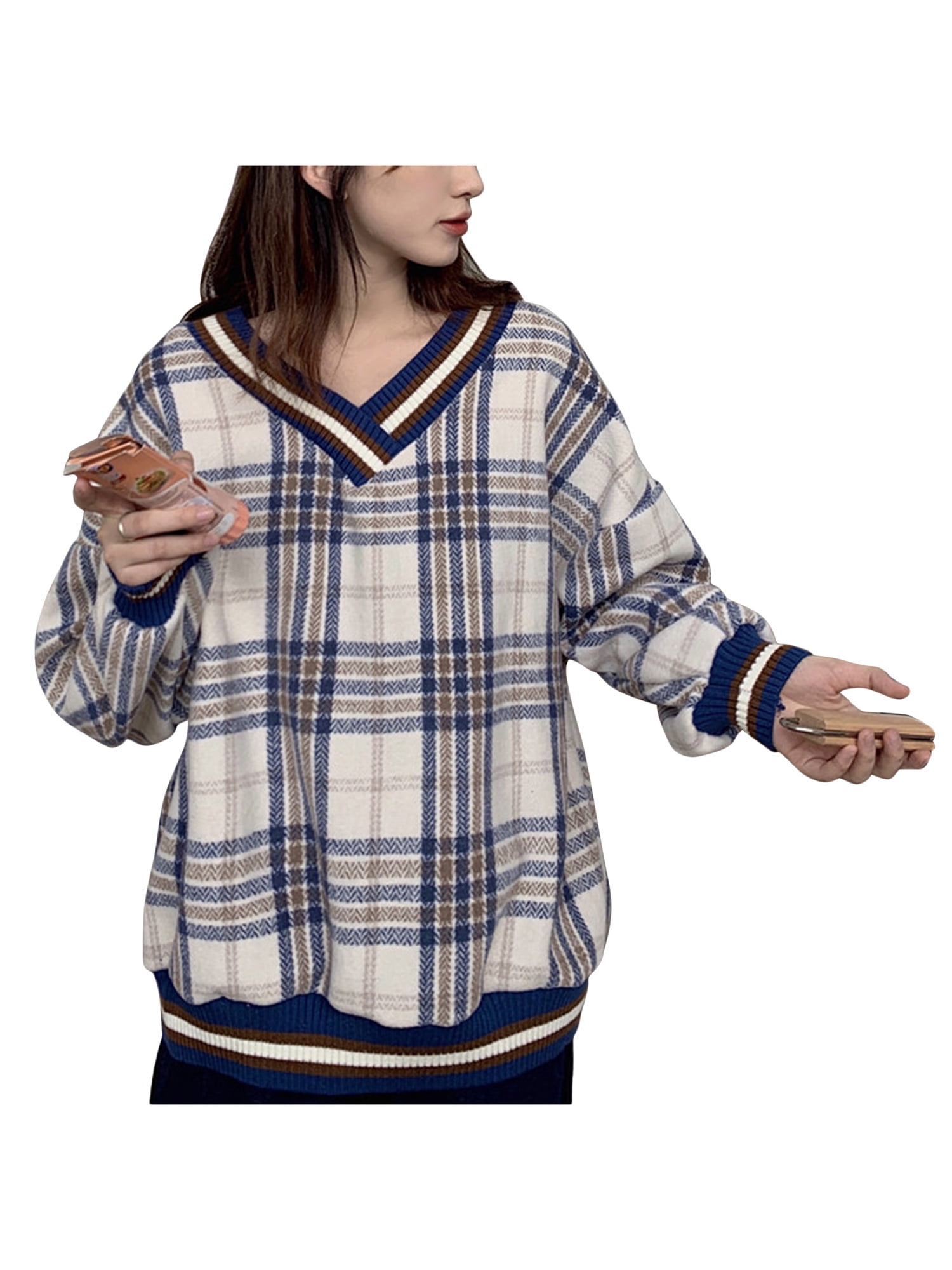 Qiylii Women College Style Sweater,Plaid Pattern V-neck Long Sleeve ...