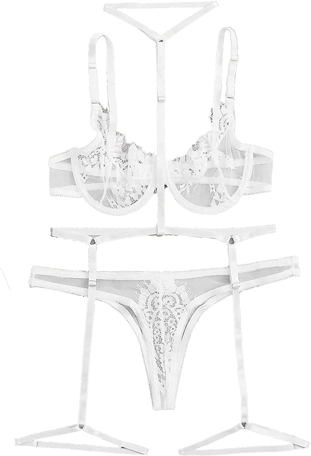Lilosy Sexy Underwire Push Up Scallop Floral Lace Sheer Lingerie Set