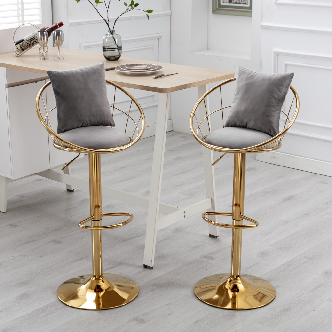Velvet Bar Chair, Set of 2 Bar Stools with Pure Gold Plated, Swivel ...