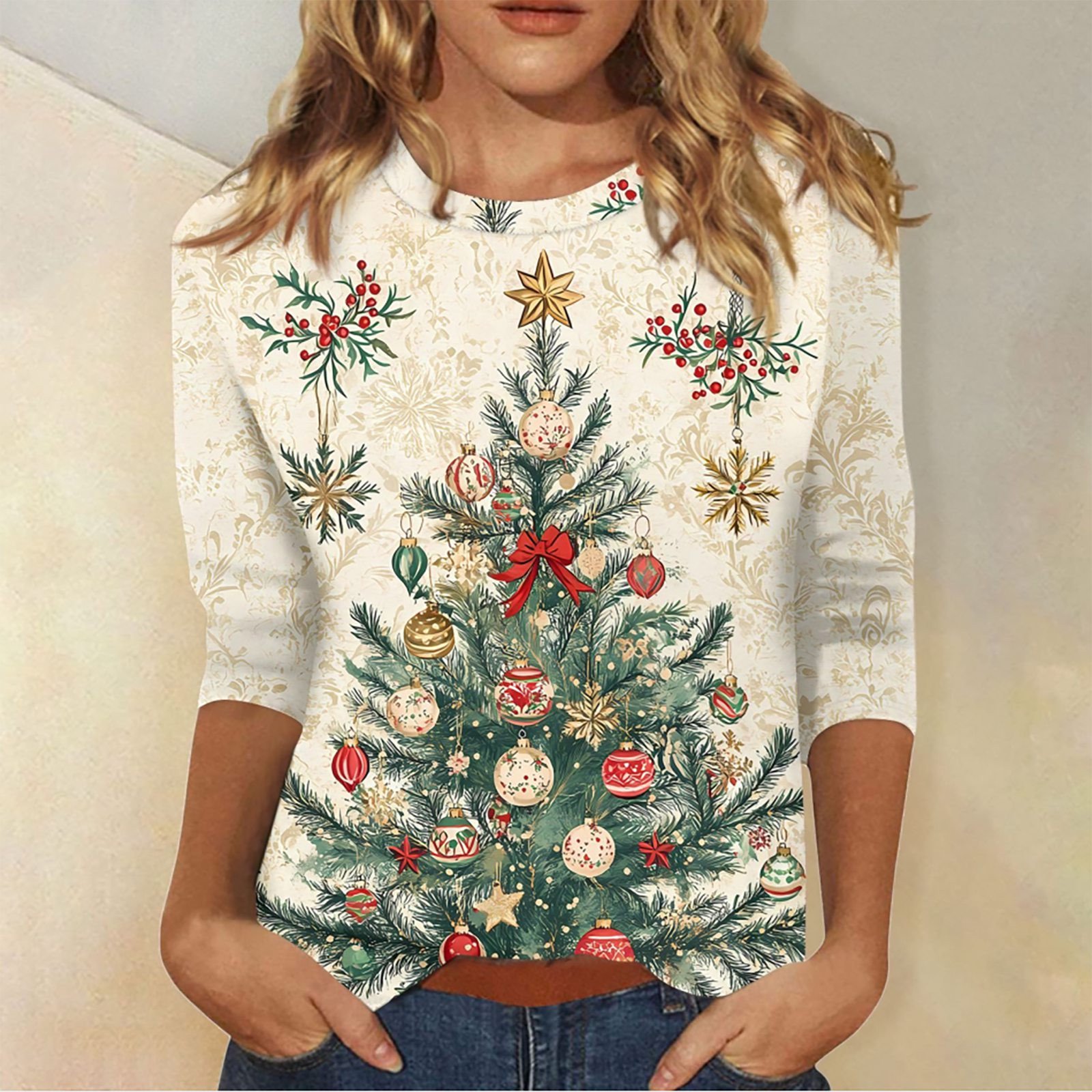 Click here for Wanpidan Womens Christmas Tree Print 3/4 Sleeve Ro... prices