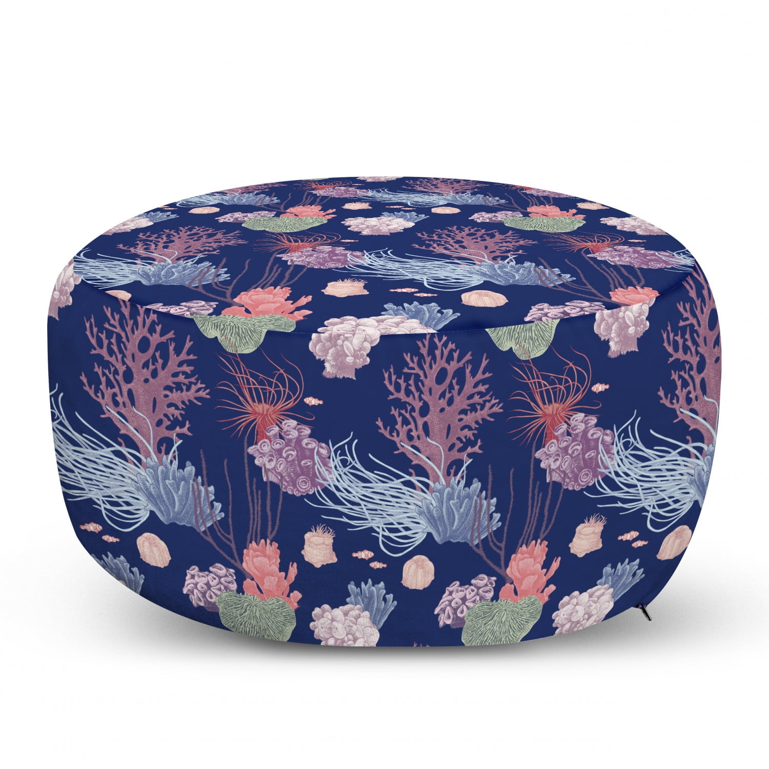 Nautical Pouf Cover with Zipper, Marine Theme Colorful Sea Plants ...