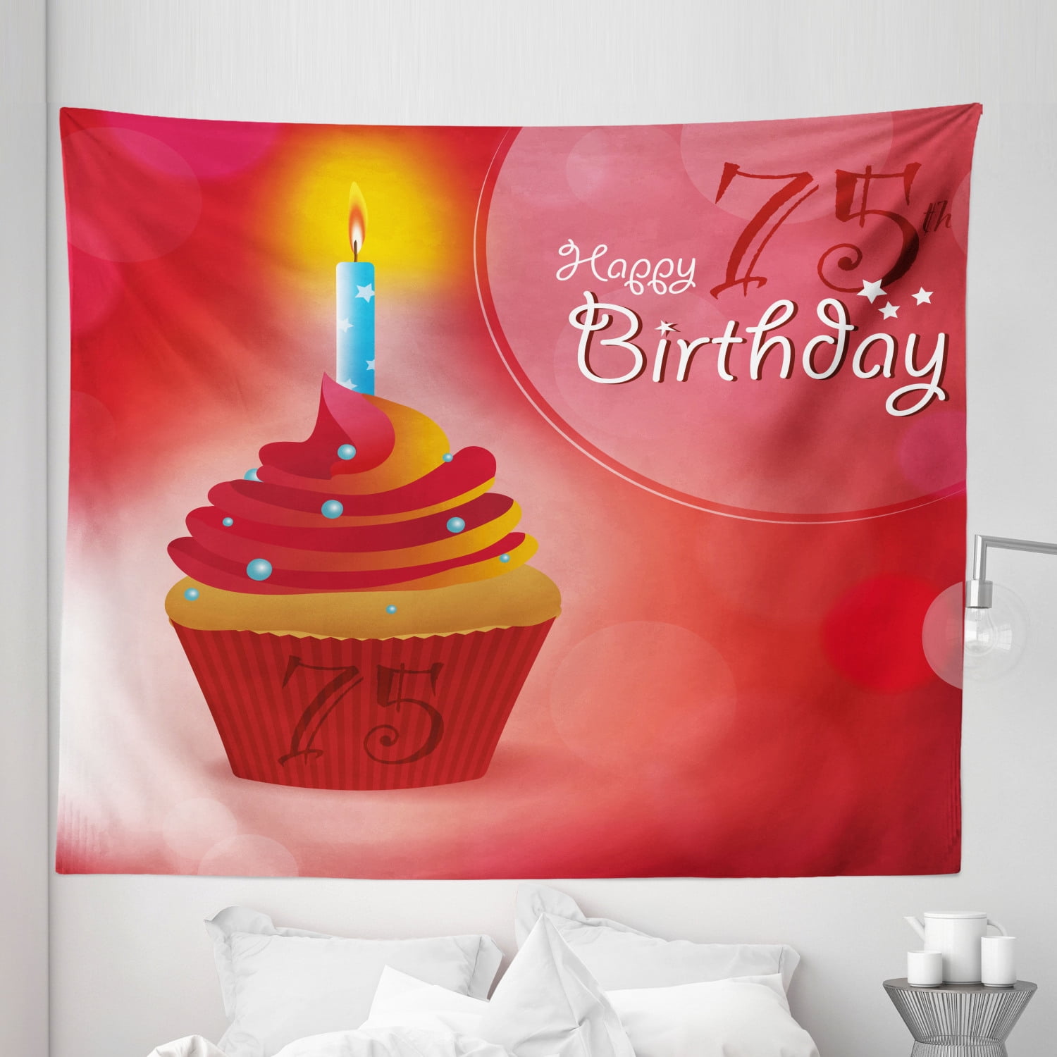 75th Birthday Tapestry, Burning Starry Candle on a Creamy Delicious ...