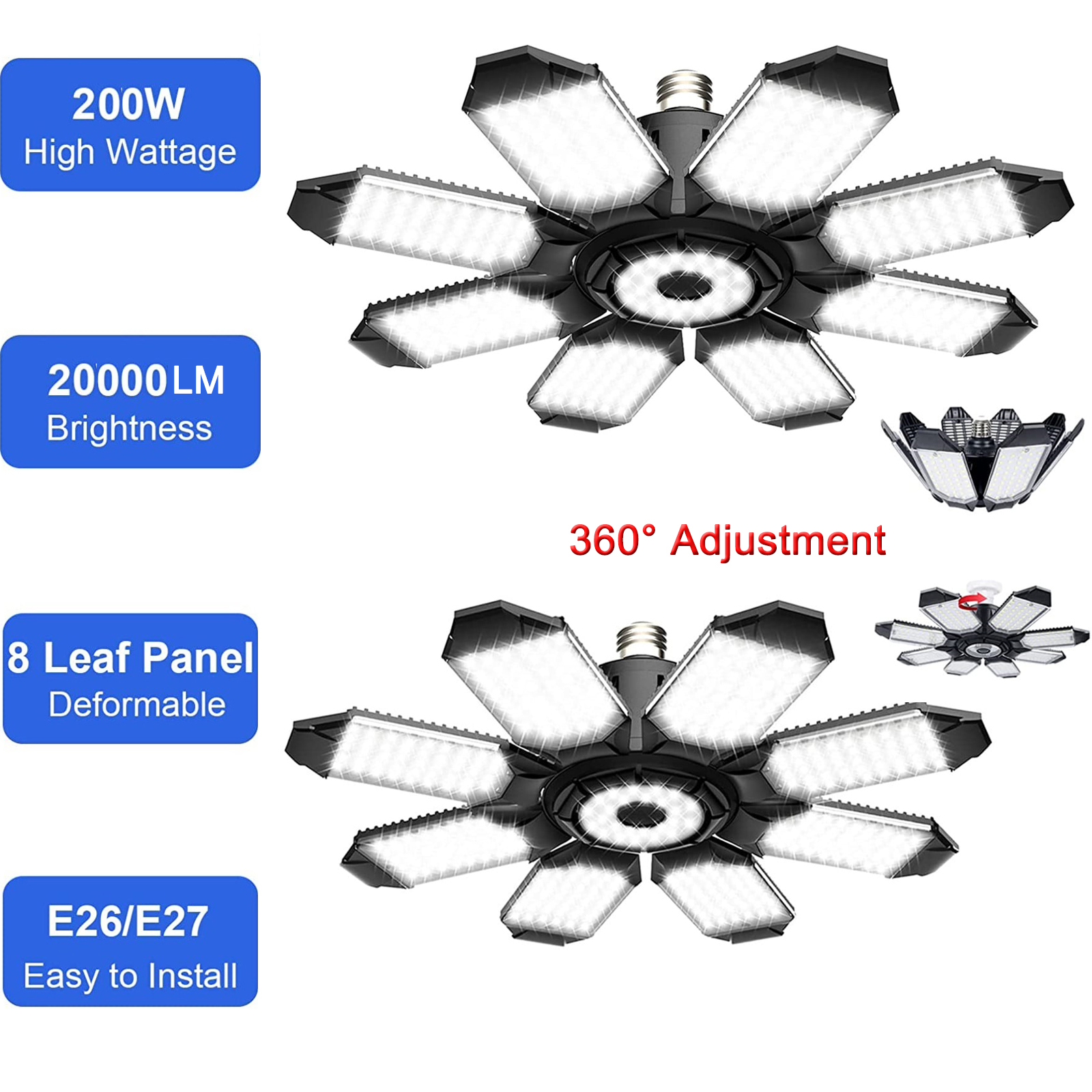 2 Pack LED Garage Lights, 200W Bright Screw-in Light Fixture with 8+1 ...