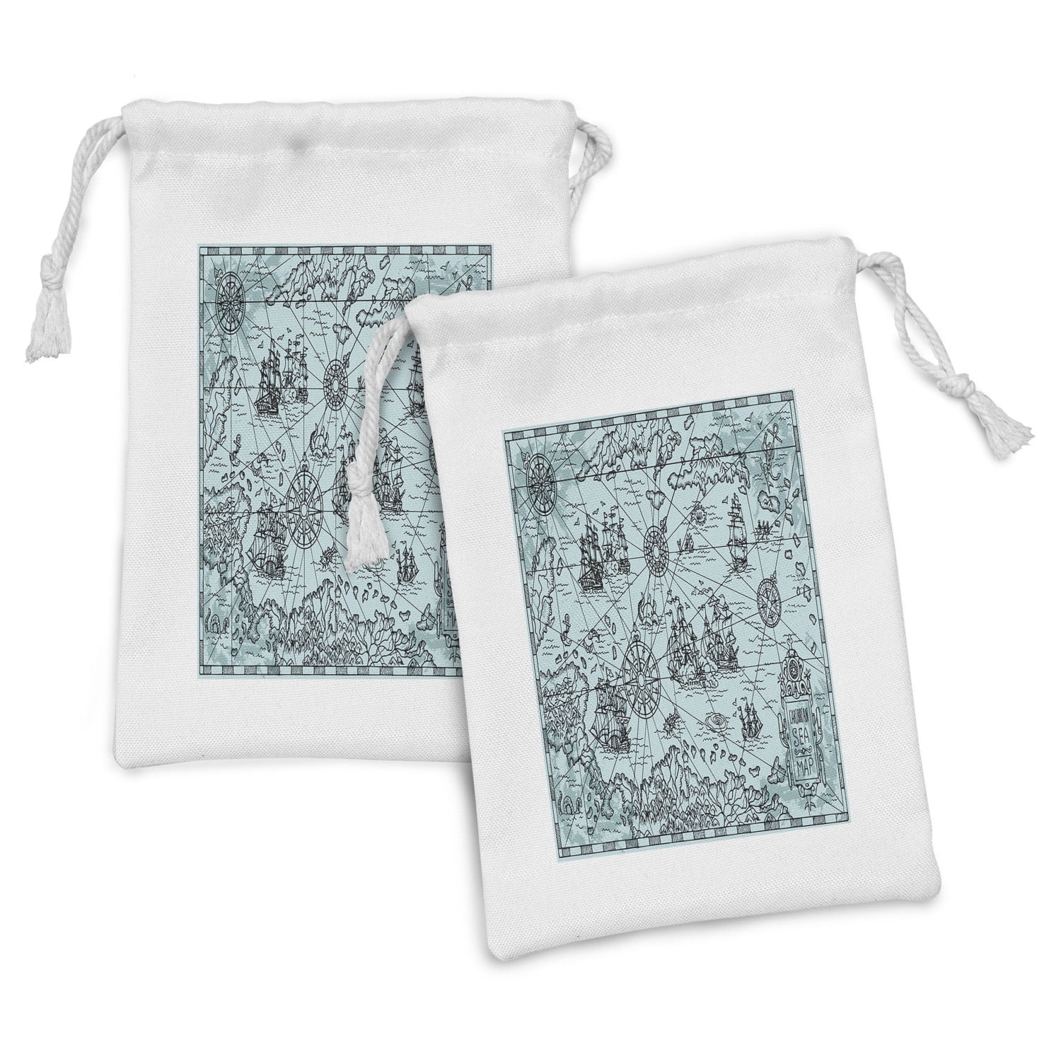 Map Fabric Pouch Set of 2, Pirate Ships Adventurous Treasure Islands ...