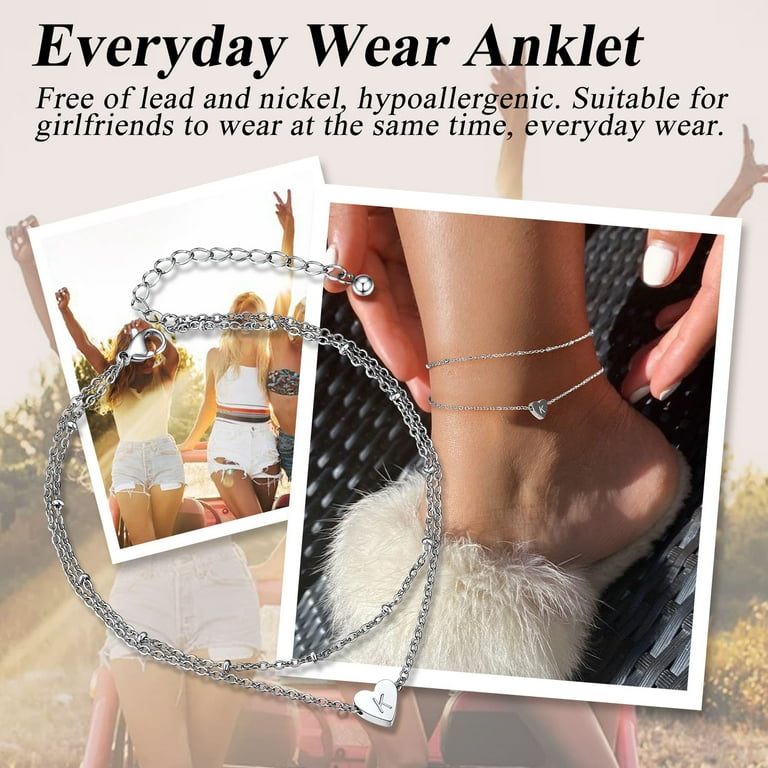 Bestyle Initial Heart Anklet Bracelets for Women Letter C Stainless Steel Ankle Double Layered Chain Summer Feet Jewelry for Mom Daughter