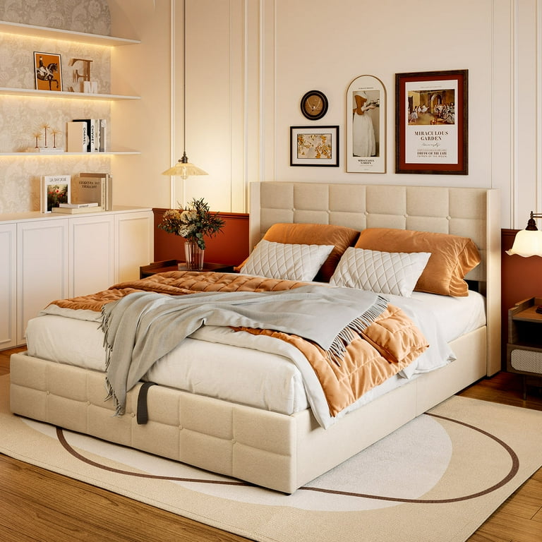 Aiho Full Size Bed Frame with Lift Up Storage Modern Wingback Headboard No Box Spring Needed Beige Walmart