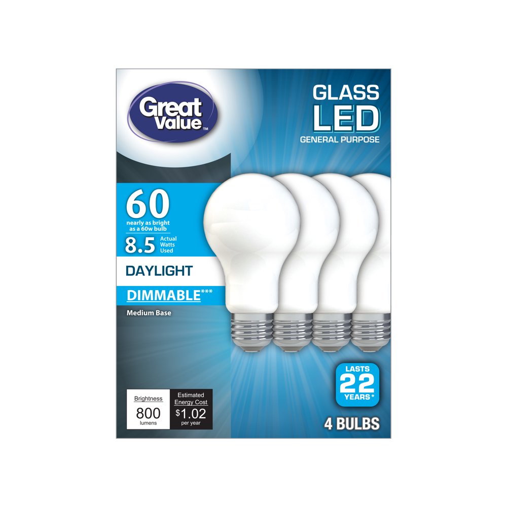 Great Value 60w Glass LED Daylight Light Bulb, 22 year, Dimmable ...