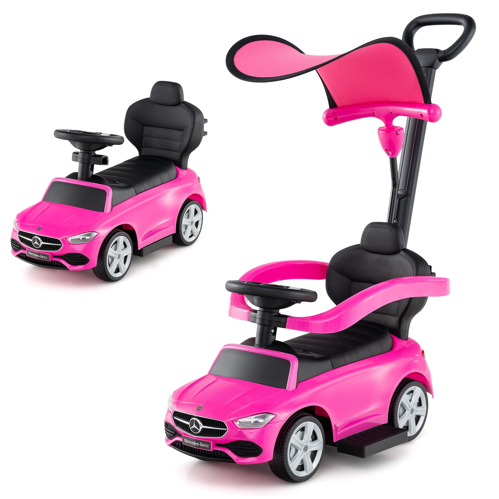 Costway 3-In-1 Ride On Push Car With Adjustable Canopy & Steering Push Bar Pink