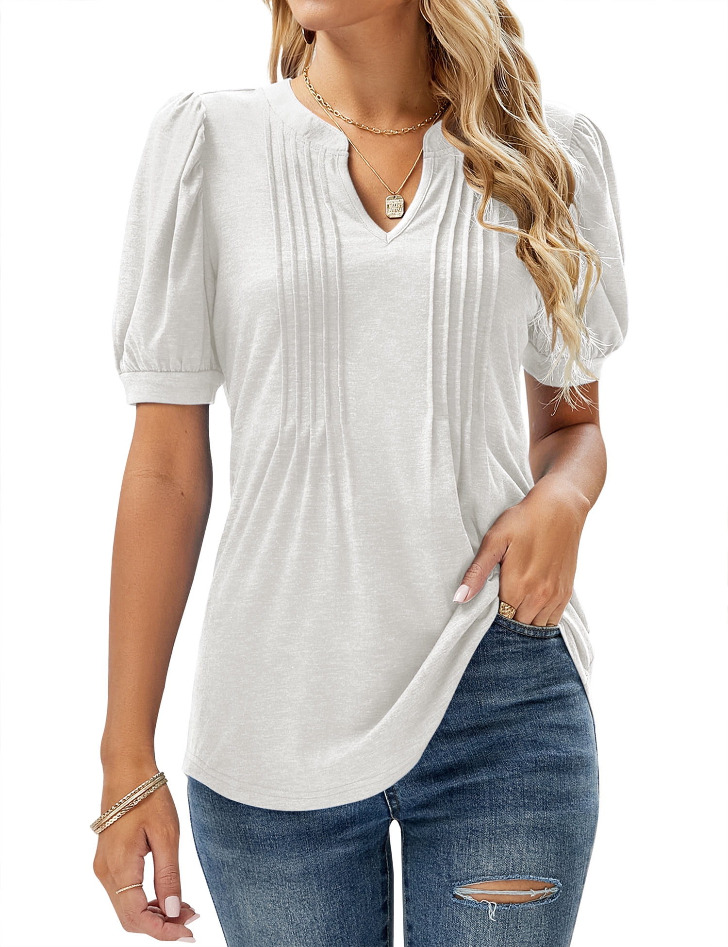 ZHENWEI Womens V Neck Puff Short Sleeve Pleated T Shirts Fashion Summer ...