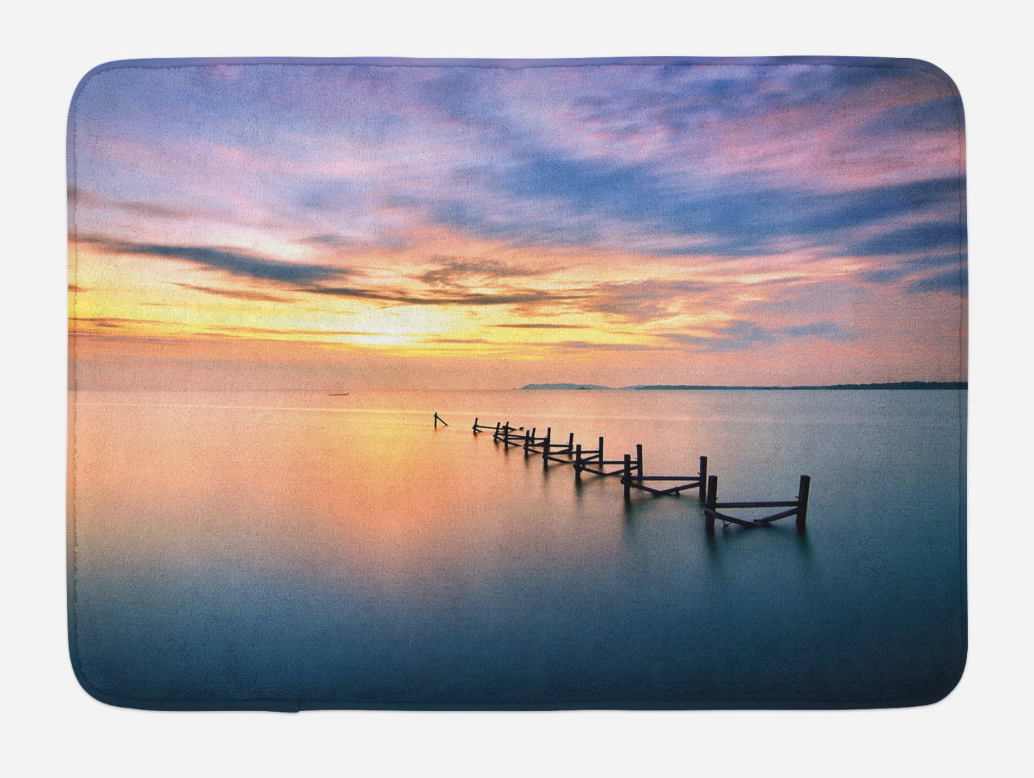 Nature Bath Mat, Sunset at Abandoned Jetty with Smooth Water and Nice ...