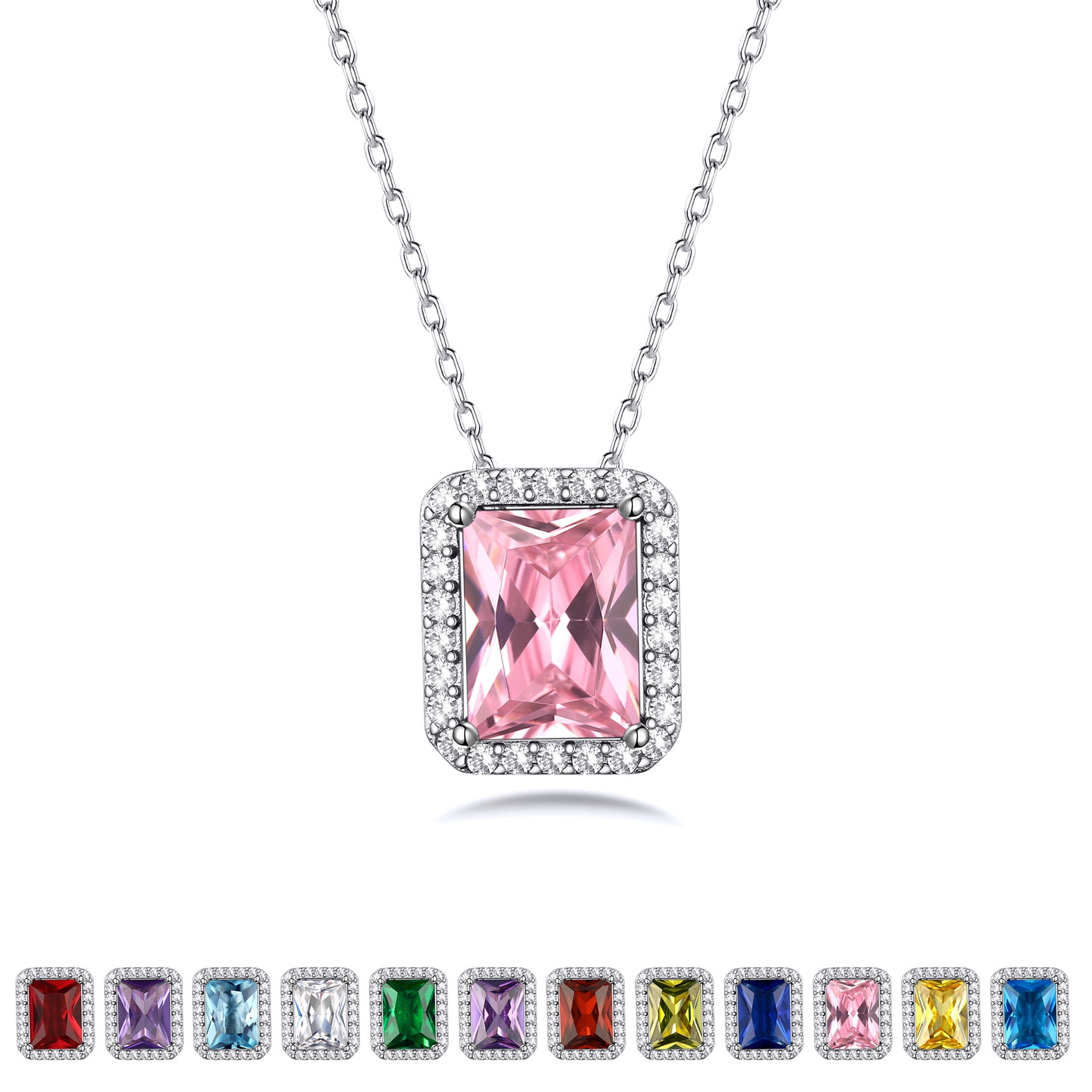 Bestyle 925 Sterling Silver Chain Necklace Square Cut Birthstone Necklaces October Pink ...