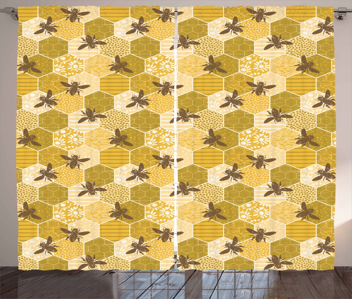Bee Curtains 2 Panels Set, Grungy Silhouettes of Multiple Bee Figures ...