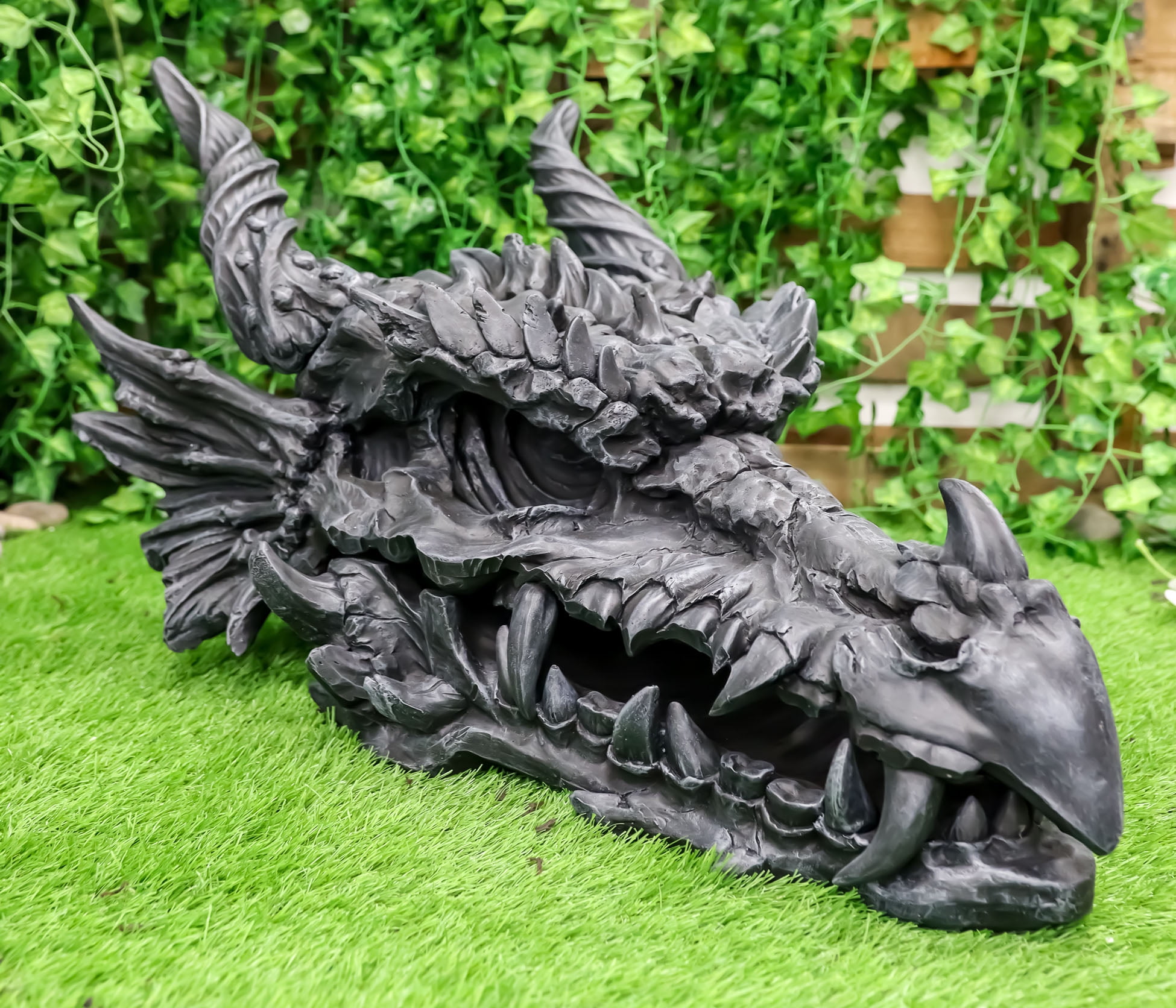 Oversized Giant 27"L Dragon Black Fossil Skull With Horns Grendel Drake ...