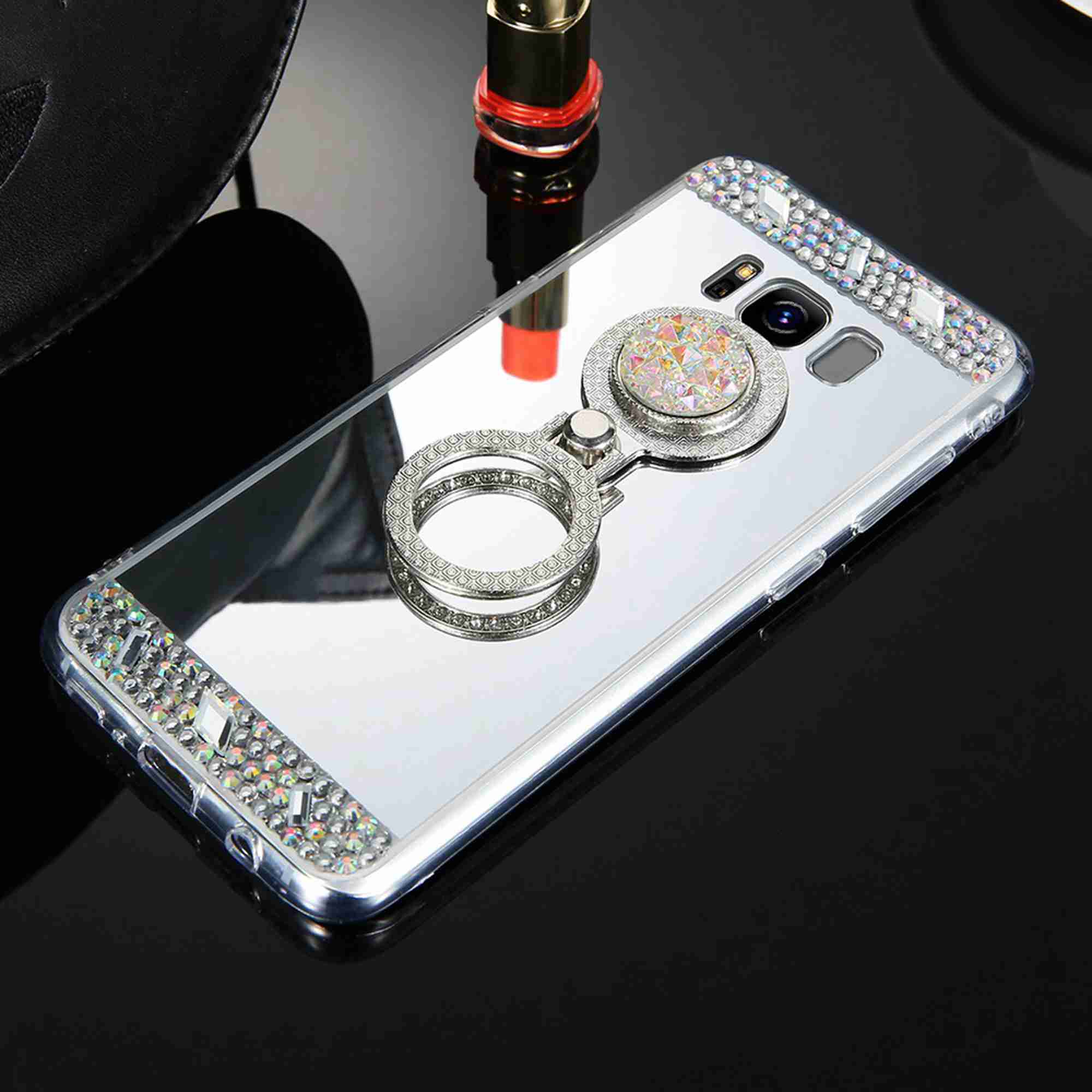 Dteck Rhinestone Diamond Bling Mirror Ring Back TPU Rubber Skin Case ...