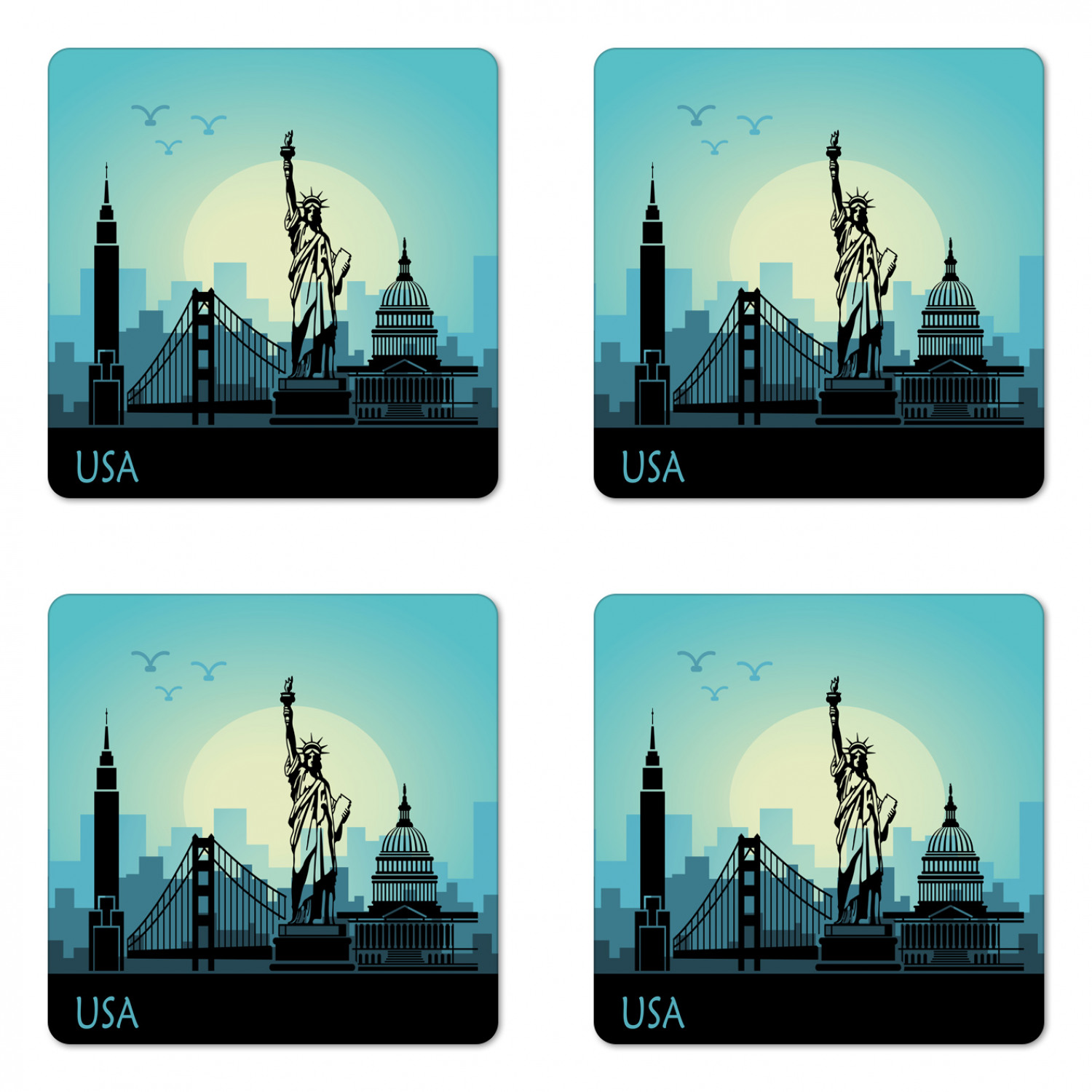 Travel Coaster Set of 4, USA Skyscrapers Modern City Skyline with ...