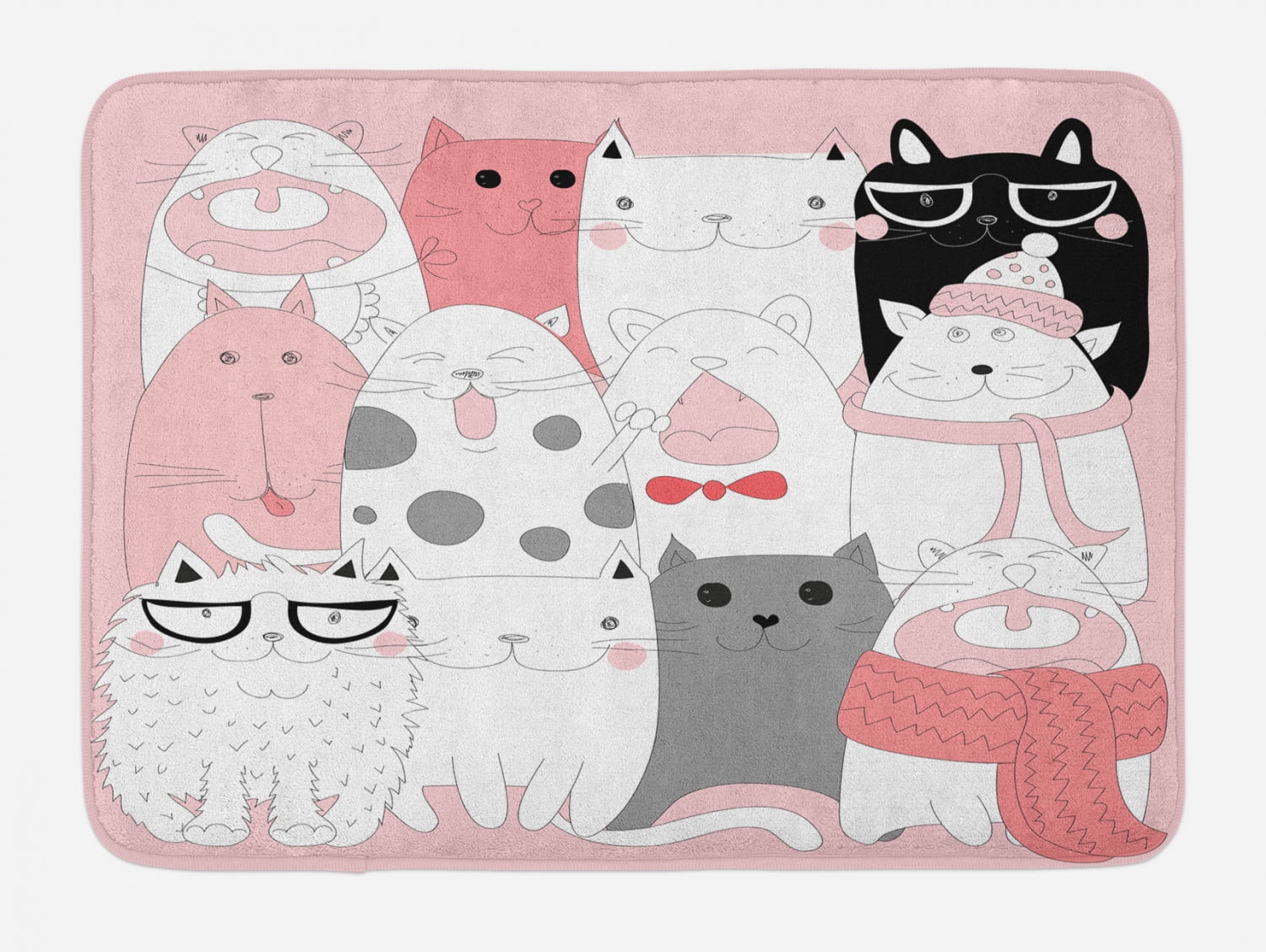 Cat Bath Mat, Cute Cartoon Kittens Collection Funny Smiling Glasses ...
