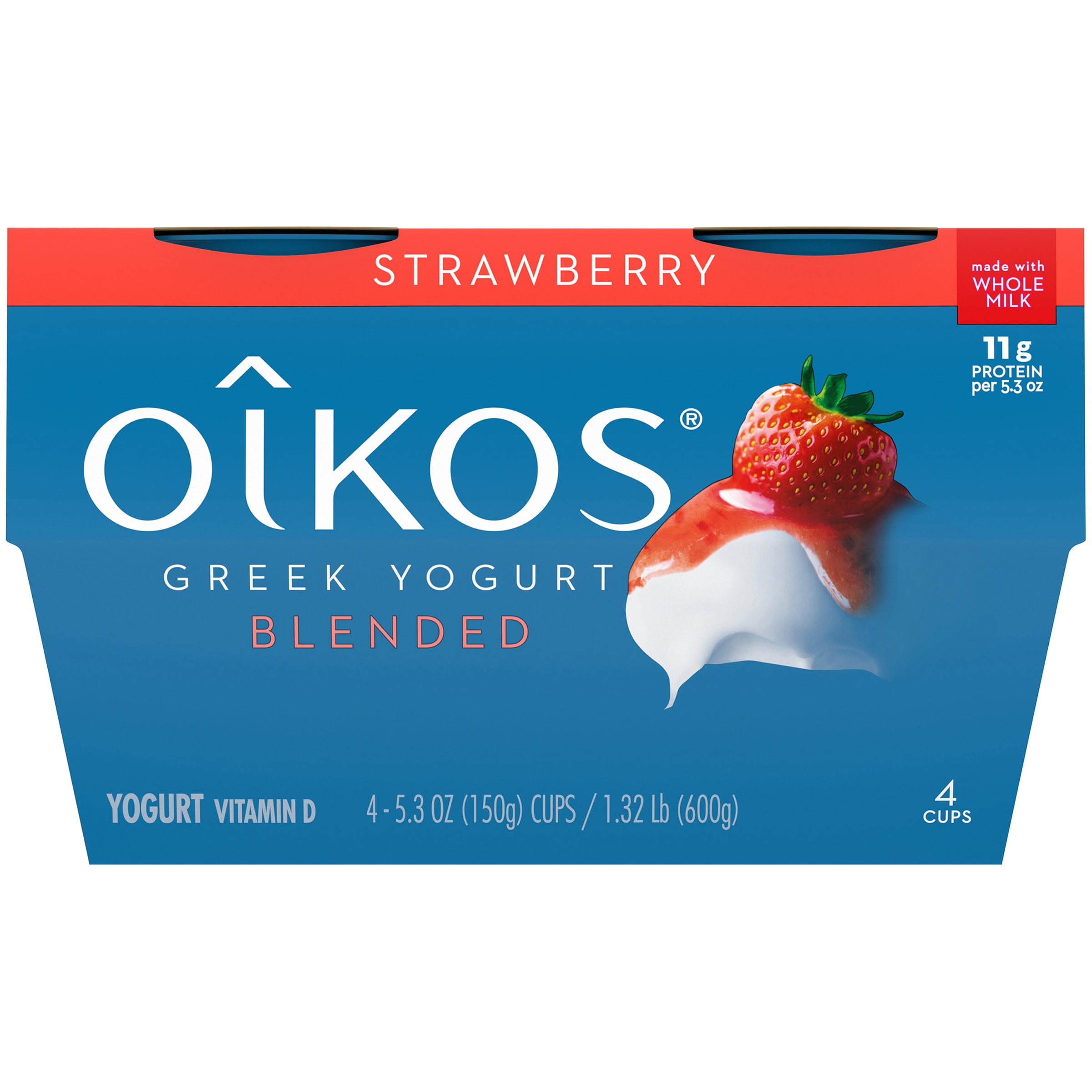 Oikos Whole Milk Strawberry Greek Yogurt, 5.3 Oz. Cups, 4 Count ...