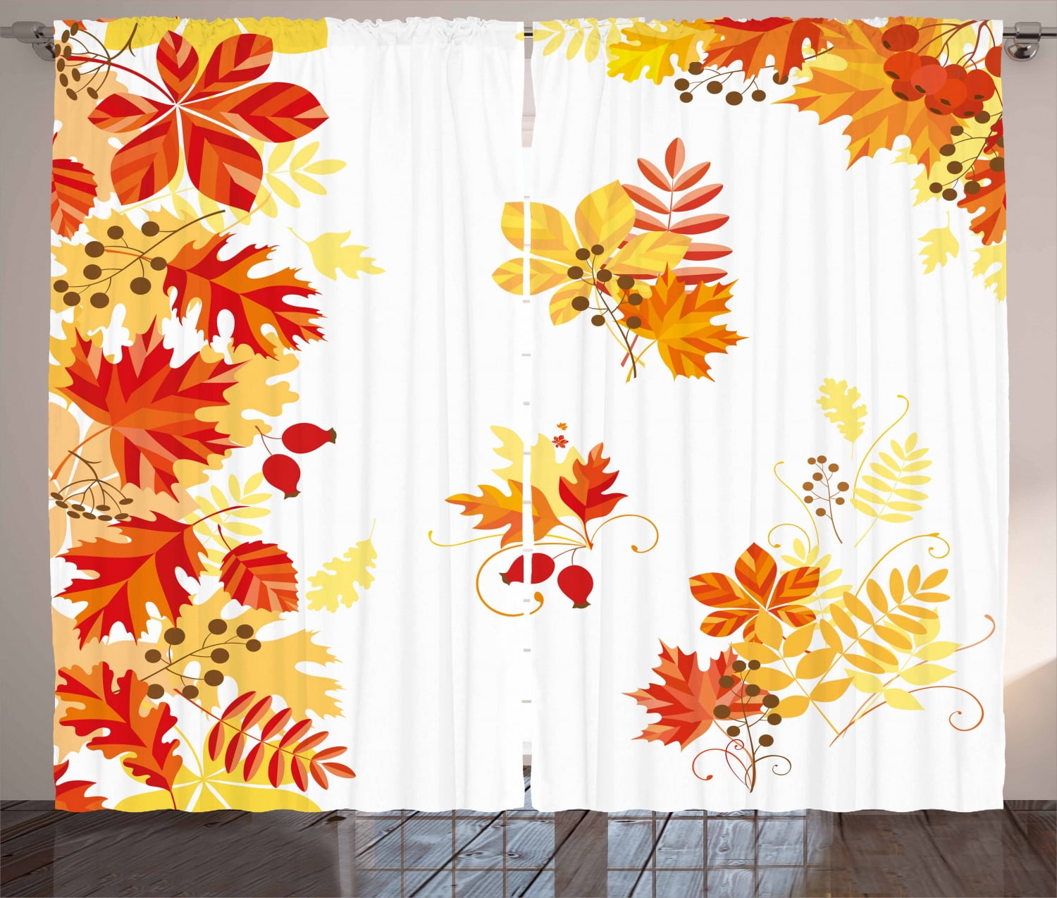 Fall Decor Curtains 2 Panels Set, Autumn Themed Pattern Chestnut Oak ...
