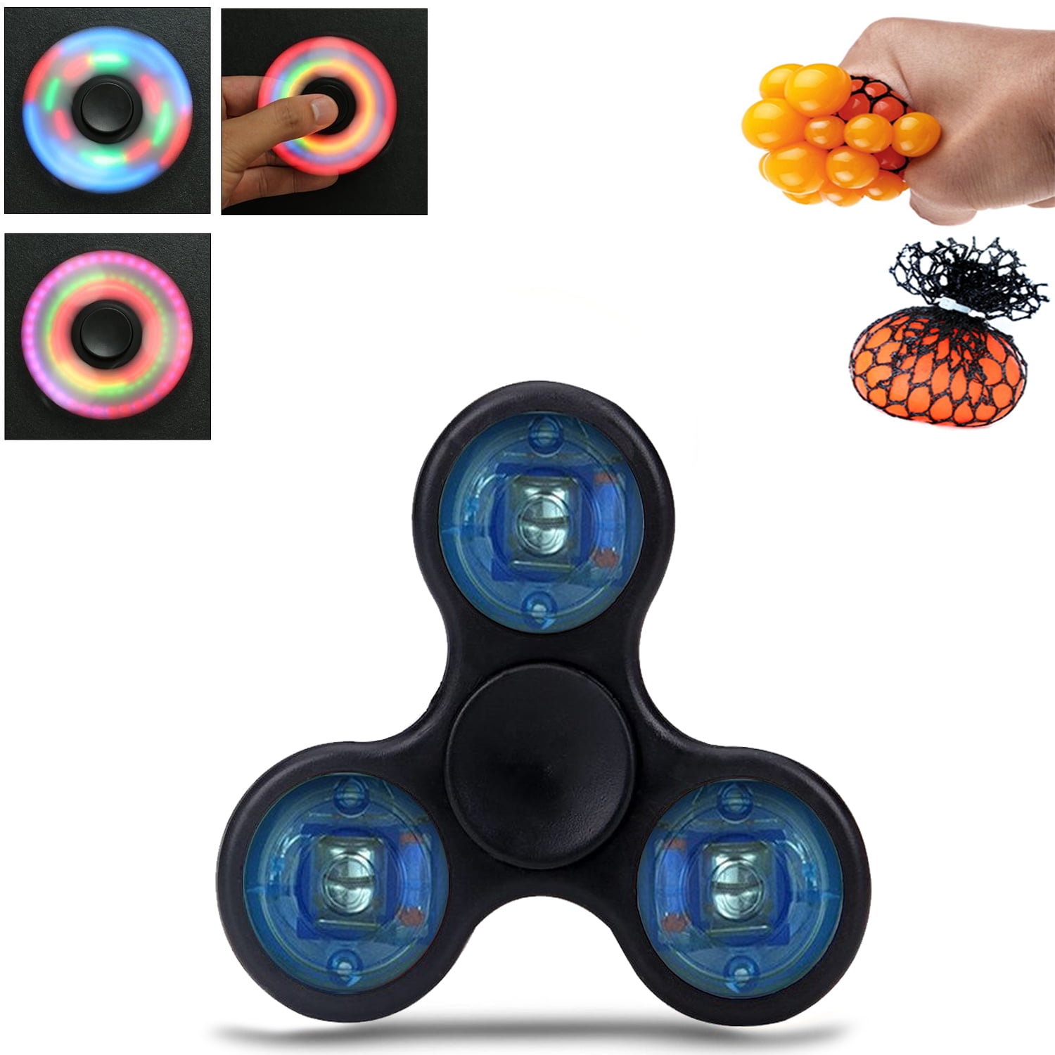 Light Up LED Fidget Spinner High Speed Bearing Plus Squishy Mesh Ball ...
