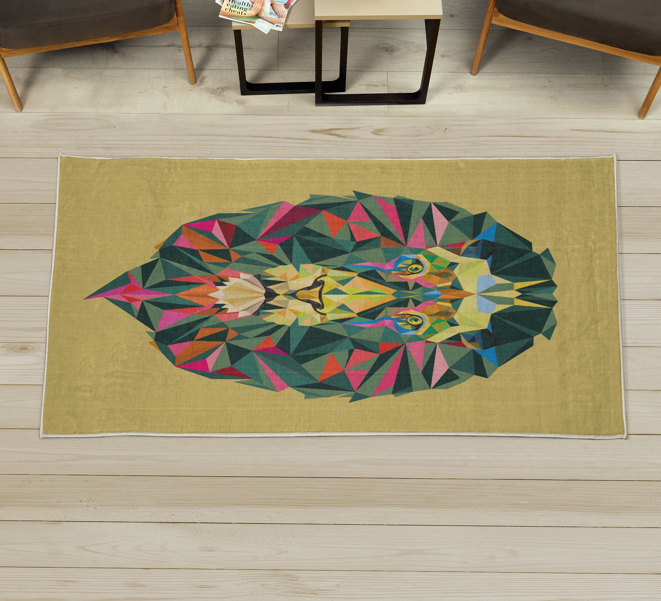 Zoo Decorative Rug, Colorful Animals Geometric Diamond Face Lions Mane ...