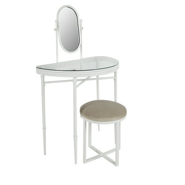VECELO Bedroom 2 Piece Metal Vanity Set with Mirror and Stool, White ...