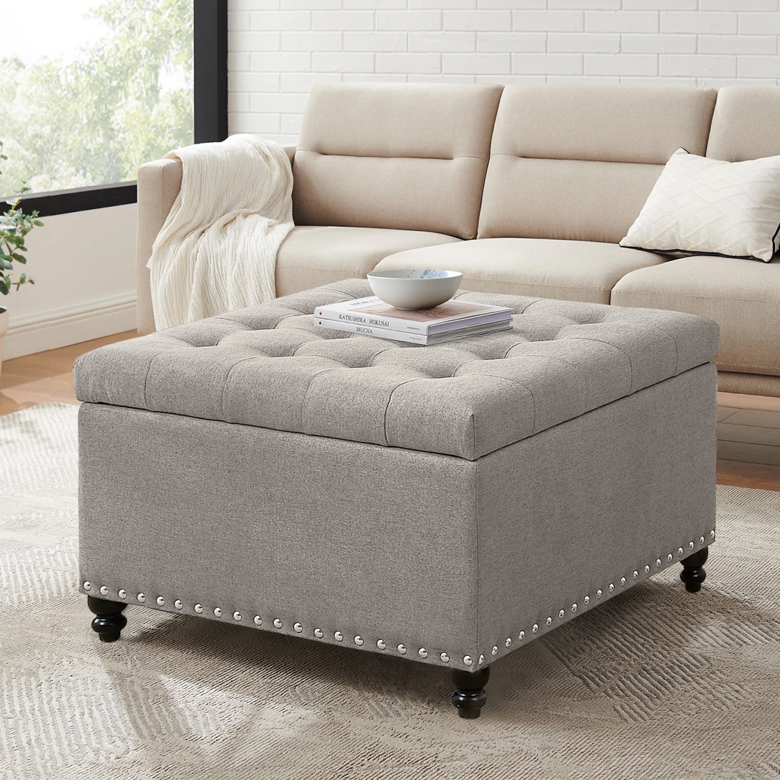 Square Storage Ottoman, 30-inch Large Ottoman Bench with Button-Tufted ...