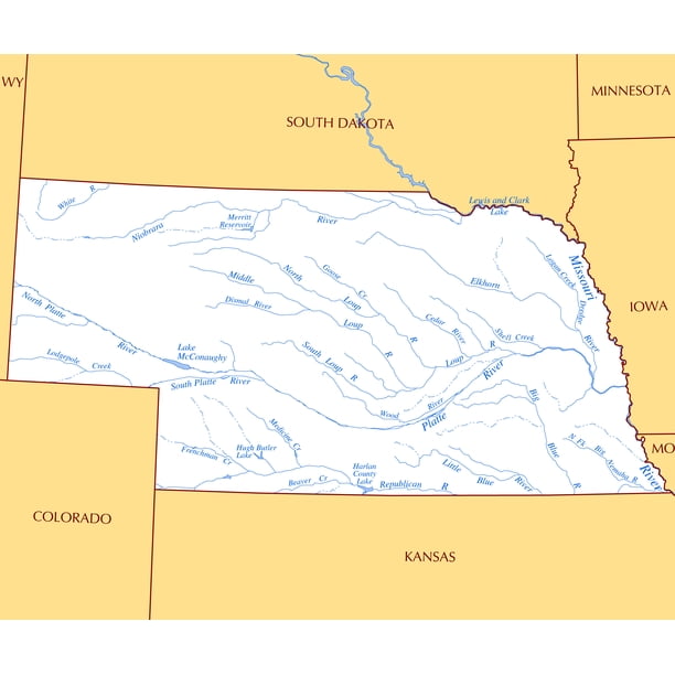 Laminated Map - Large rivers and lakes map of Nebraska state Poster 20 ...