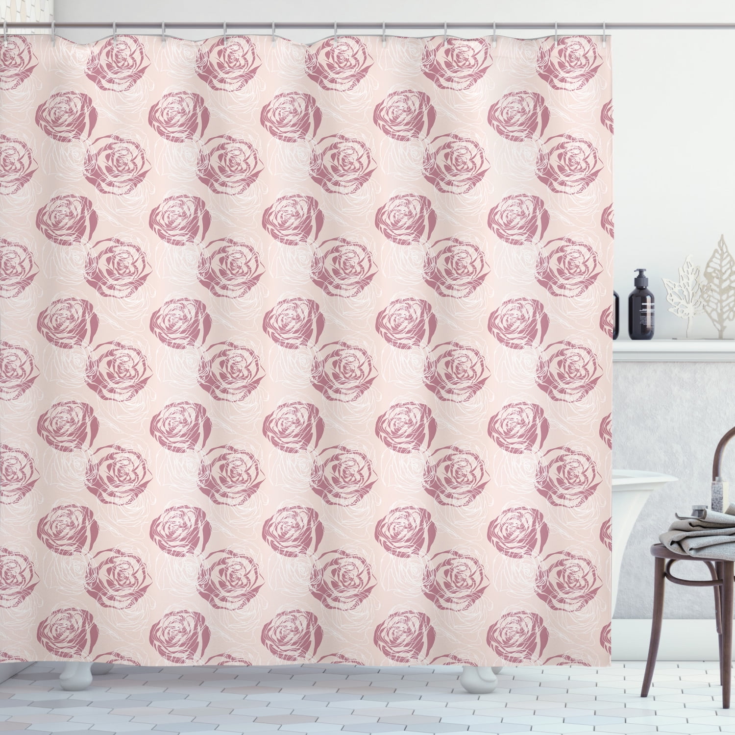 Romantic Shower Curtain, Arrangement of Rose Silhouettes and Drawings ...