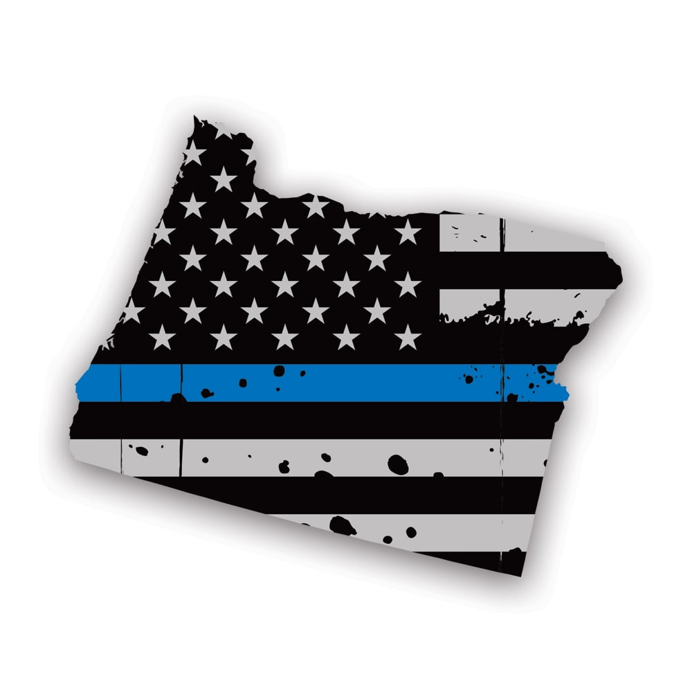 Distressed Oregon State Shaped Subdued US Flag Thin Blue Line Sticker ...